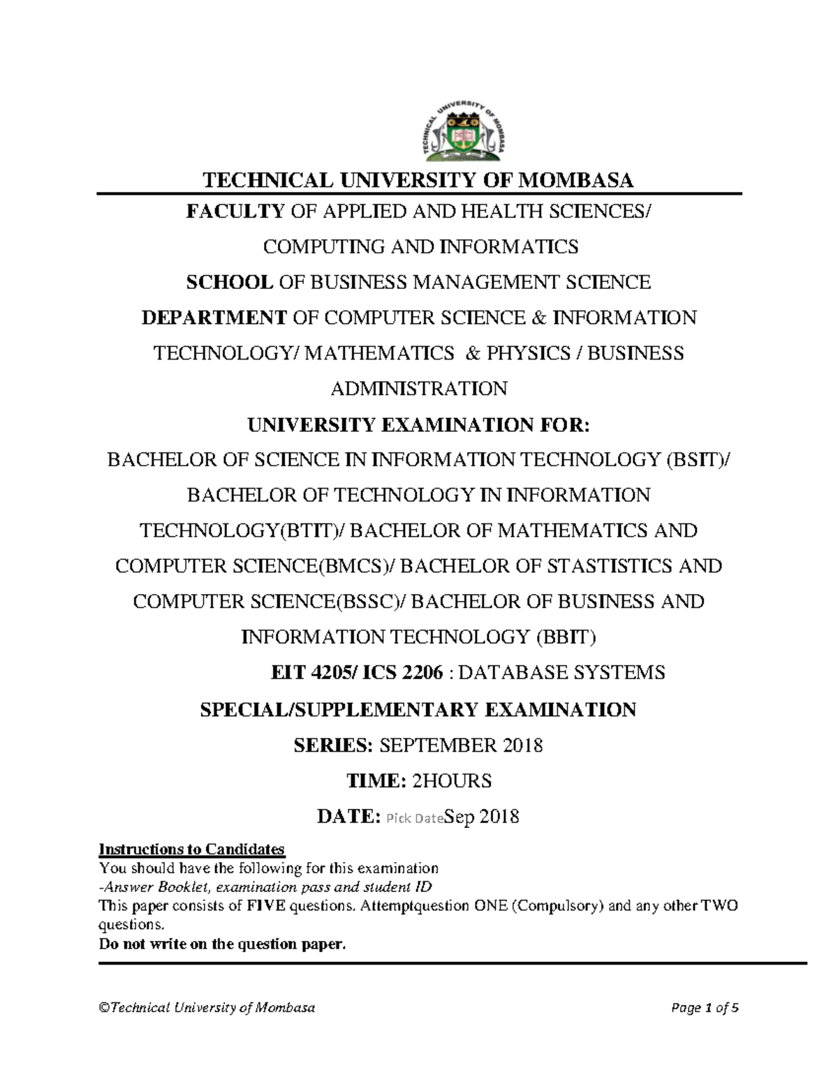 ICS 2206, EIT 4205 - Database Systems Paper 2 - TECHNICAL UNIVERSITY OF ...