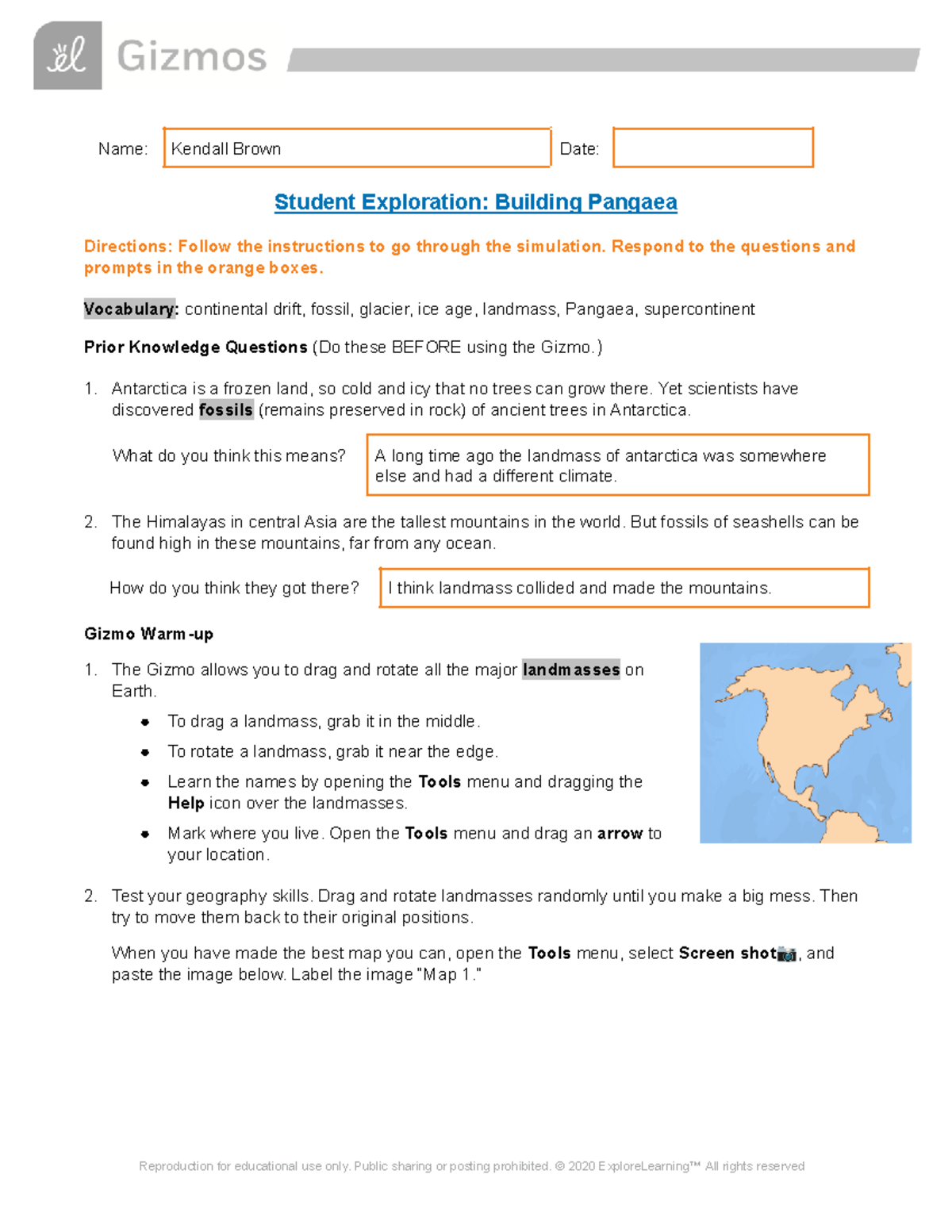 Building Pangaea- Gizmo - 18289630 - Name: Kendall Brown Date: Student ...
