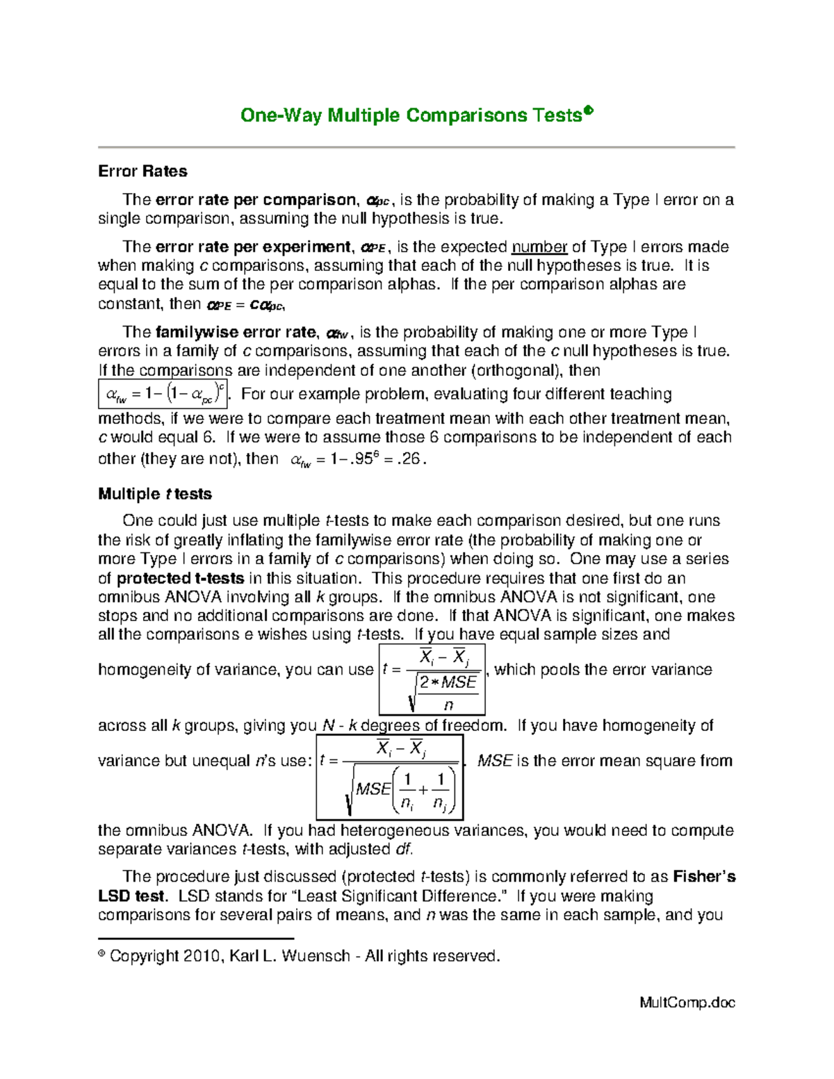 One-Way Multiple Comparisons Tests - Multiple Comparisons Tests Error ...