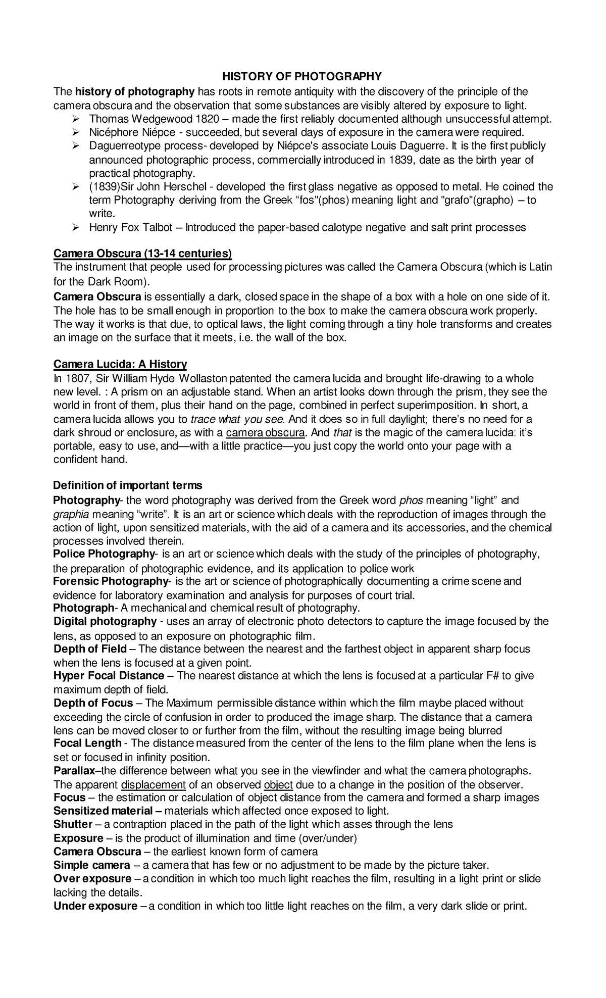 Forensic Photography - Lecture notes 123 - HISTORY OF PHOTOGRAPHY The ...