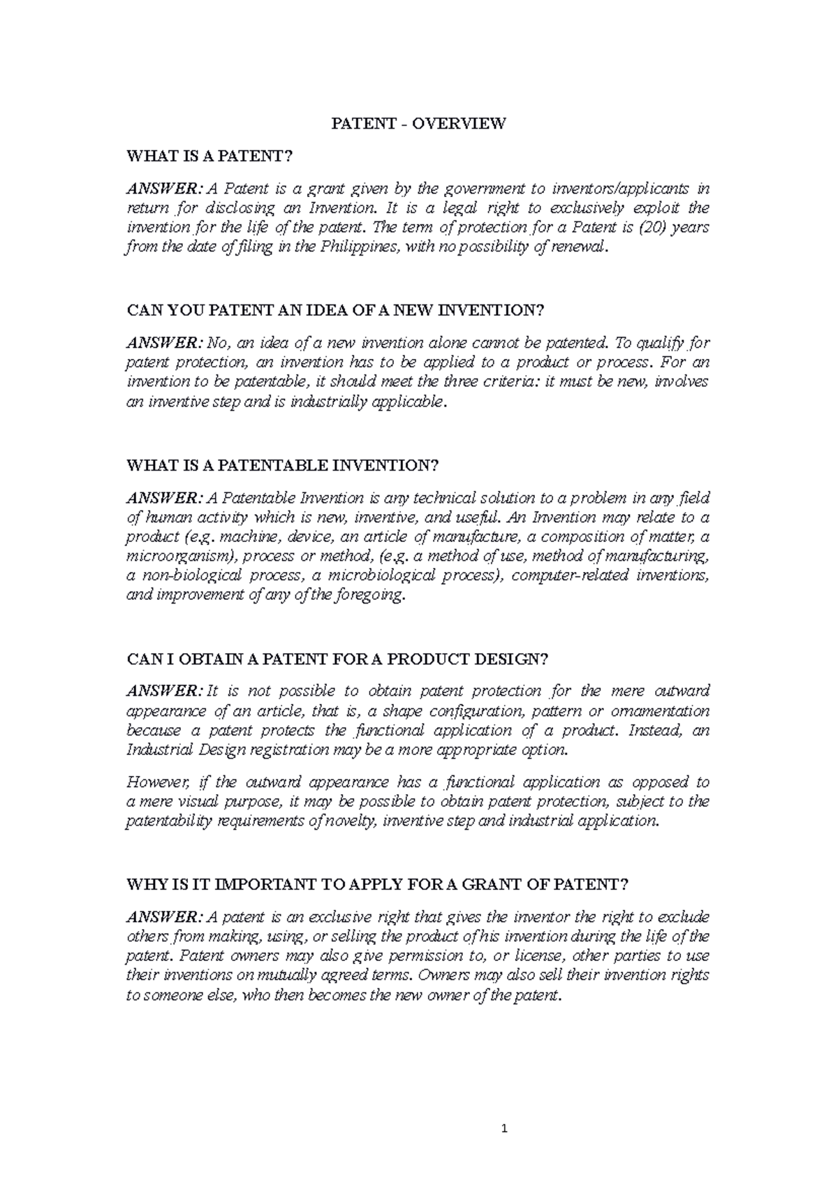 Patent and Trademark - BANKING - PATENT - OVERVIEW WHAT IS A PATENT ...