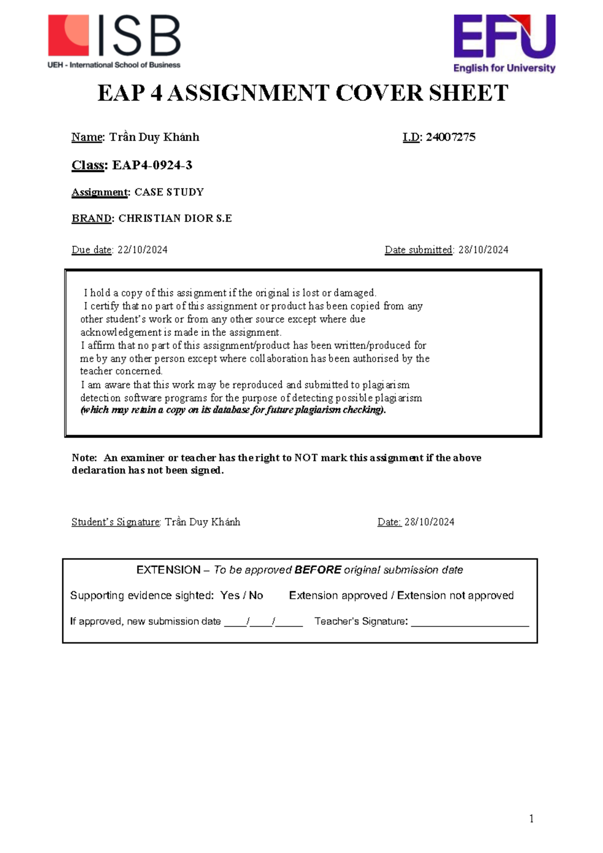 Case Study - Brand: Christian Dior S.E - EAP 4 ASSIGNMENT COVER SHEET ...