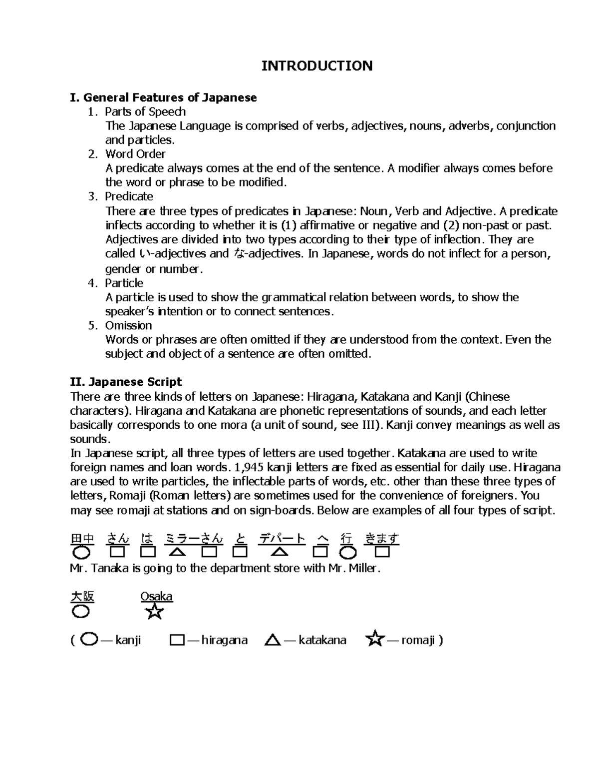 Nihongo 1 and 2 Module - INTRODUCTION I. General Features of Japanese 1 ...