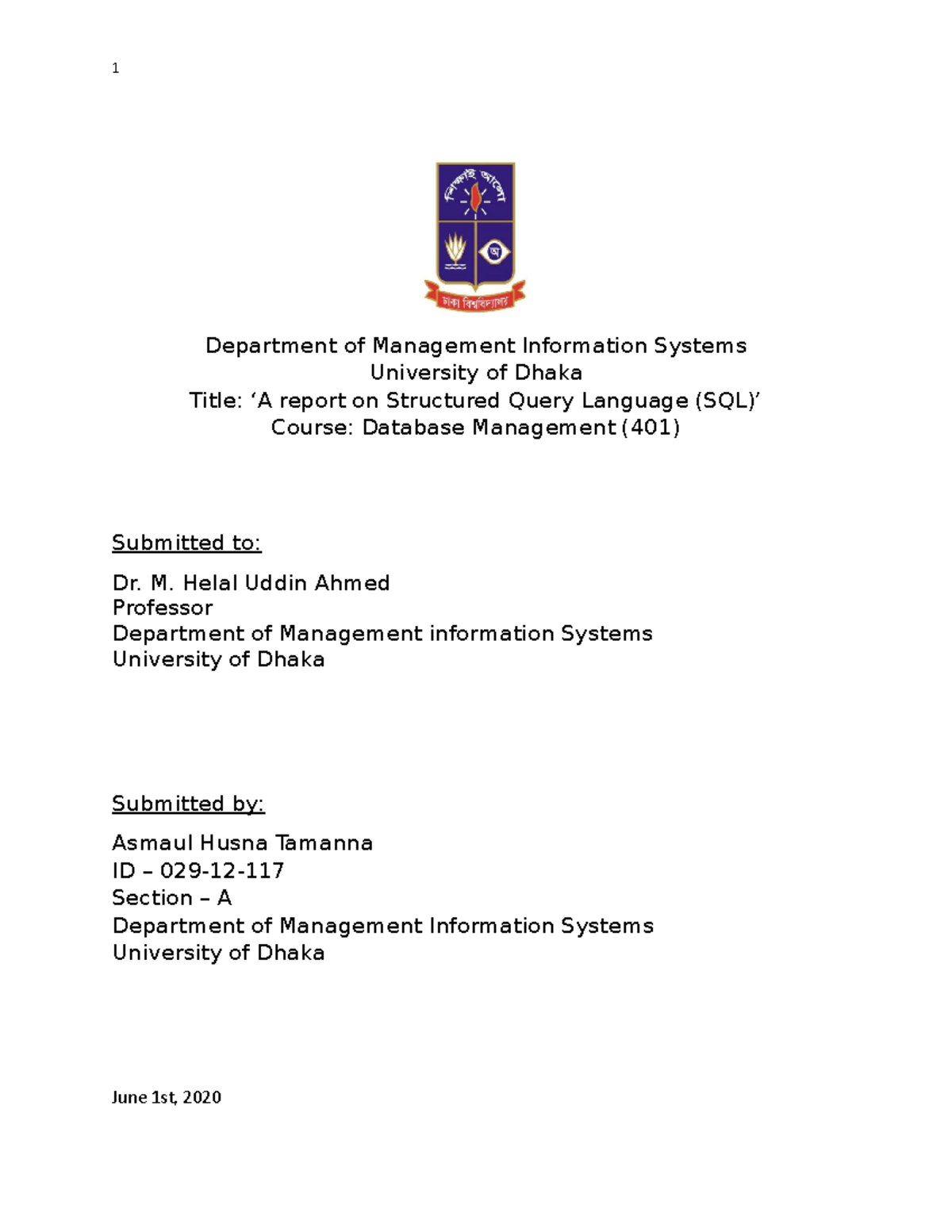 A report on SQL - Department of Management Information Systems ...