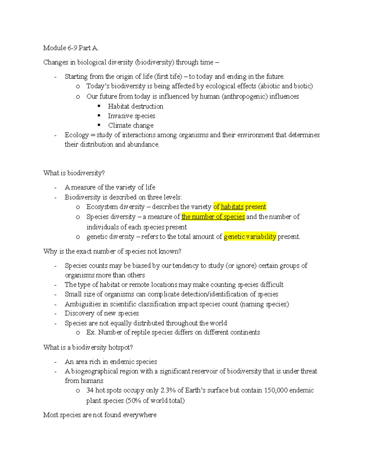 Module 6-9 review - Module 6-9 Part A. Changes in biological diversity ...