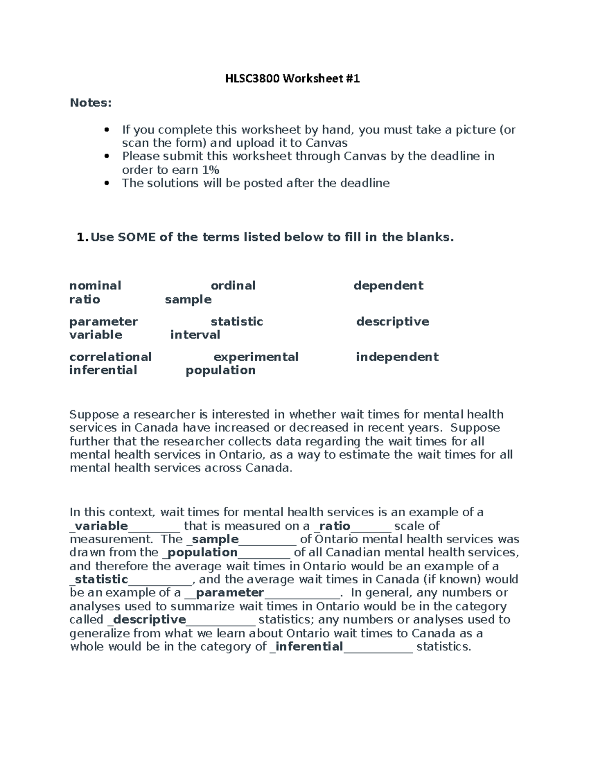 Tutorial 1 - HLSC3800 Worksheet Notes: If you complete this worksheet ...