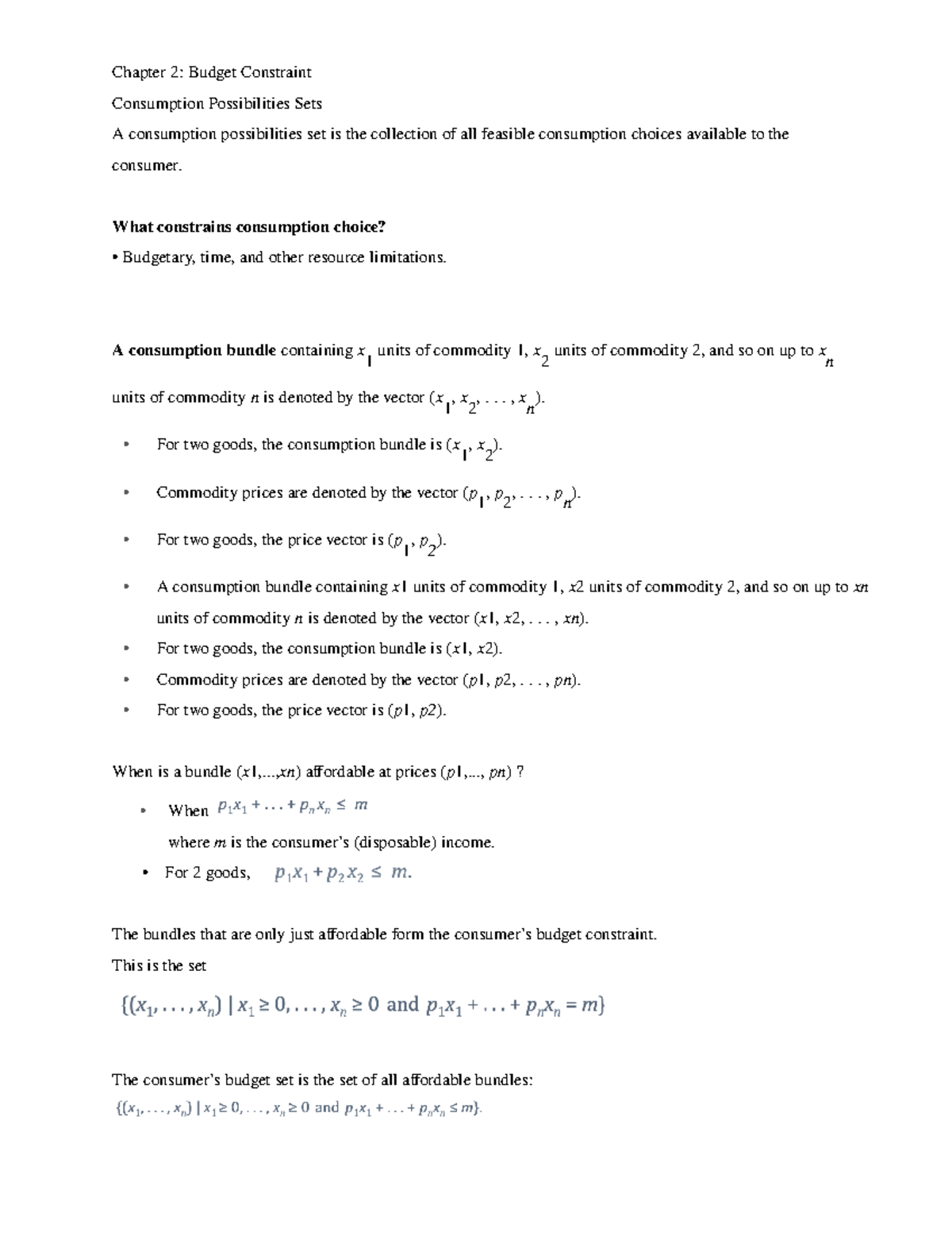 Econ2101 Topic 1-Chapter 2 - Chapter 2: Budget Constraint Consumption ...