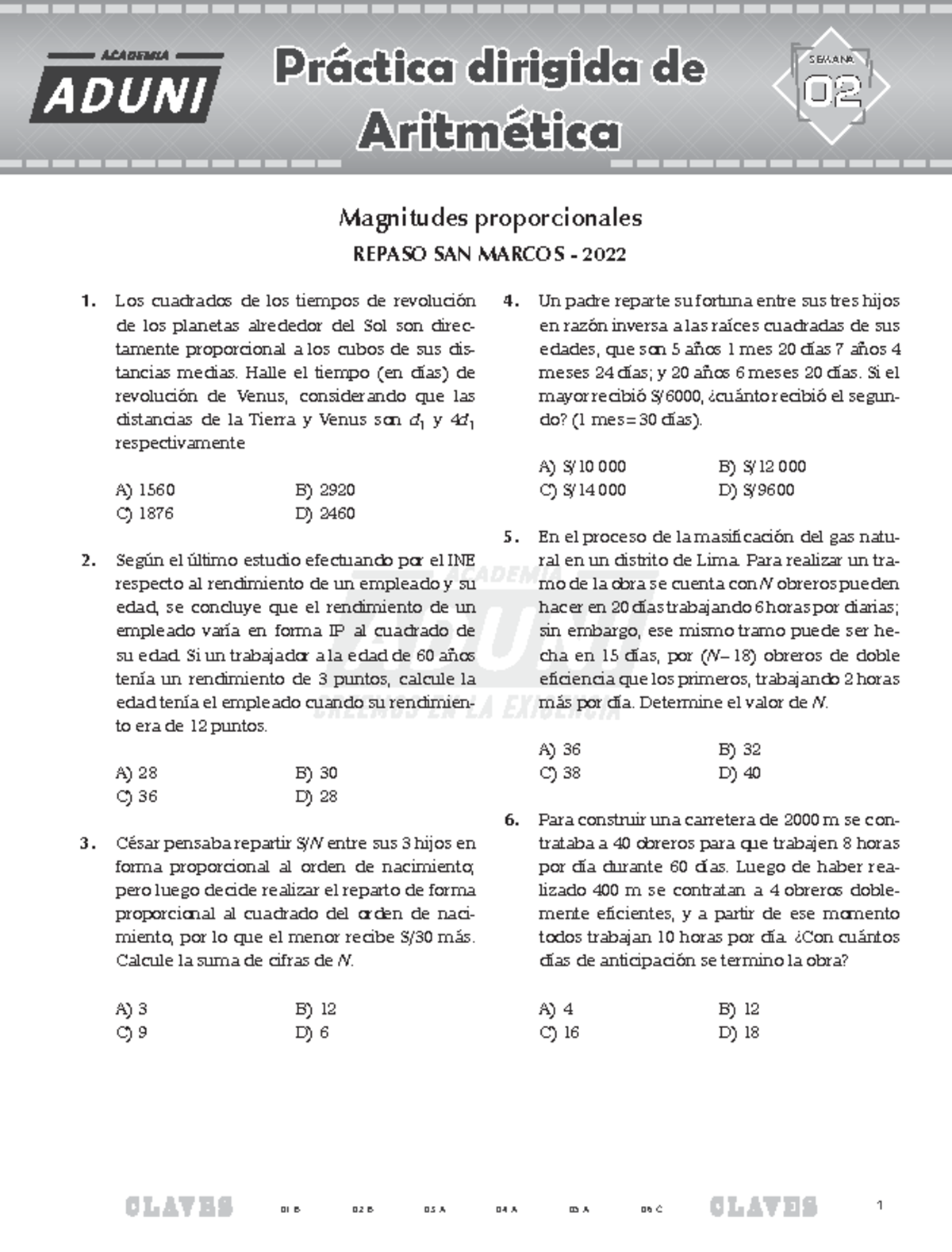 A SSM Diri Sem02 - Ejercicios - Repaso San Marcos Aritmética Los cuadrados de los tiempos de ...