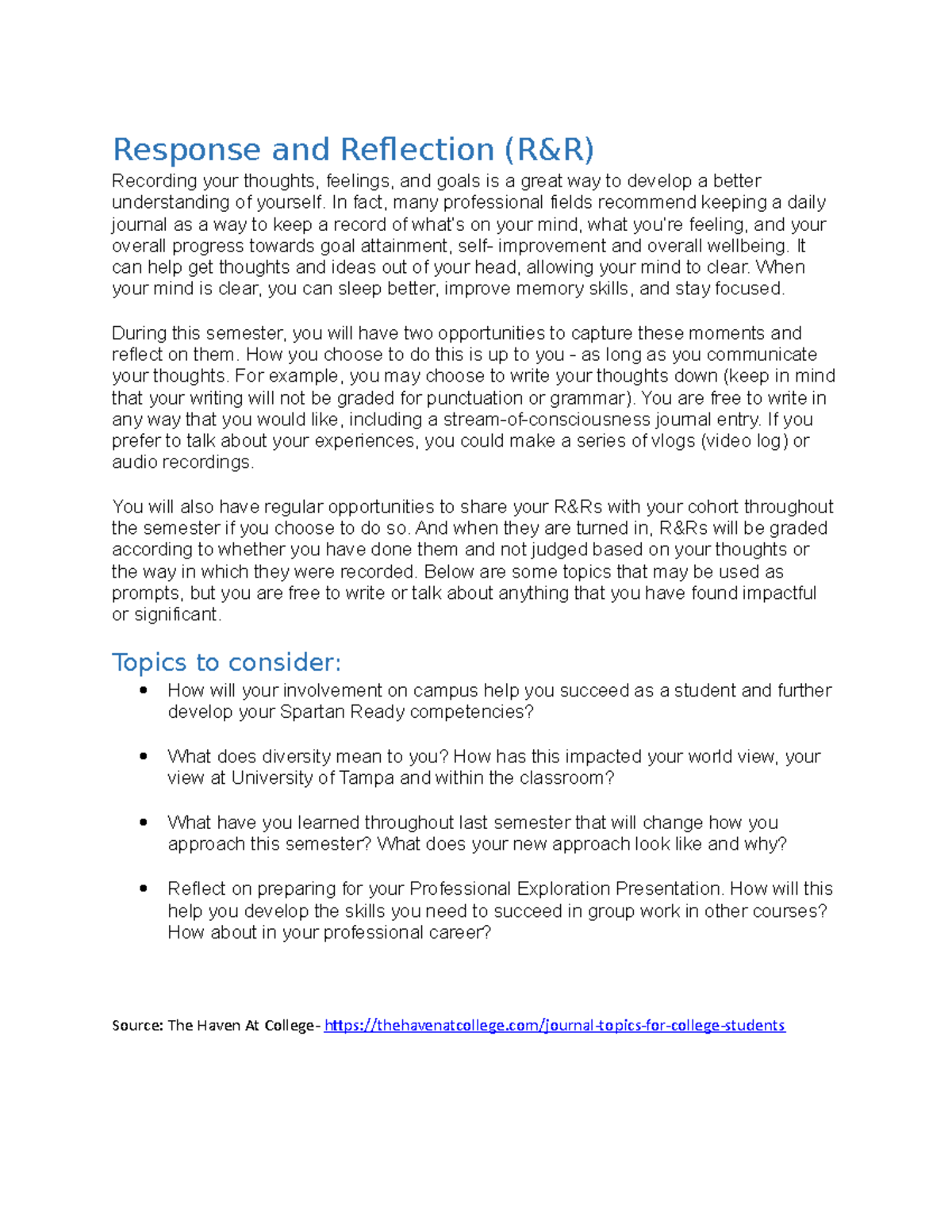 Response and Reflection BAC 102 - Response and Reflection (R&R ...