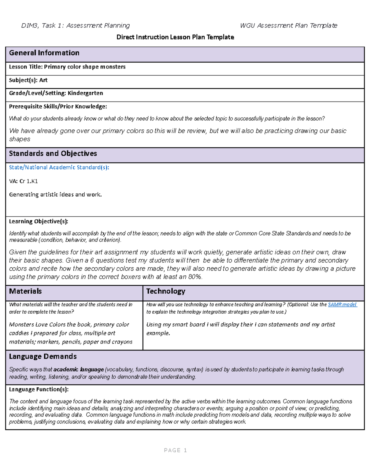 Task 1 lesson plan assesment - ####### Direct Instruction Lesson Plan ...