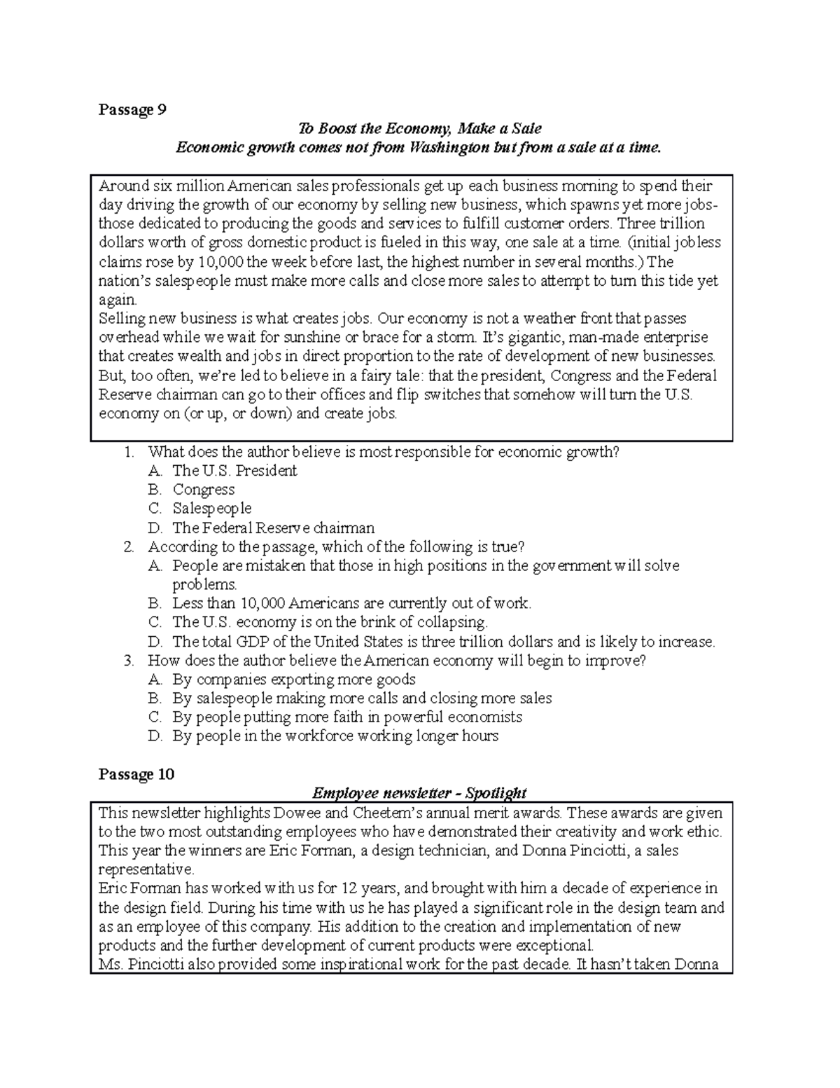 Reading Exercise PART 7 - Passage 9 To Boost the Economy, Make a Sale ...