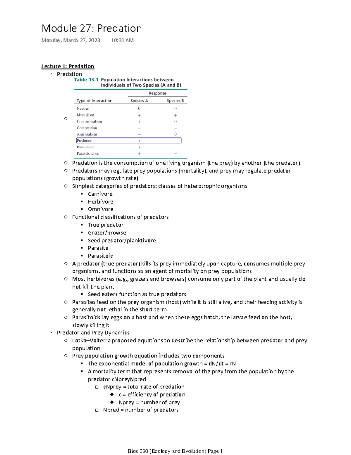 Bios 230 (Ecology and Evolution) Module 27 - Lecture 1: Predation ...