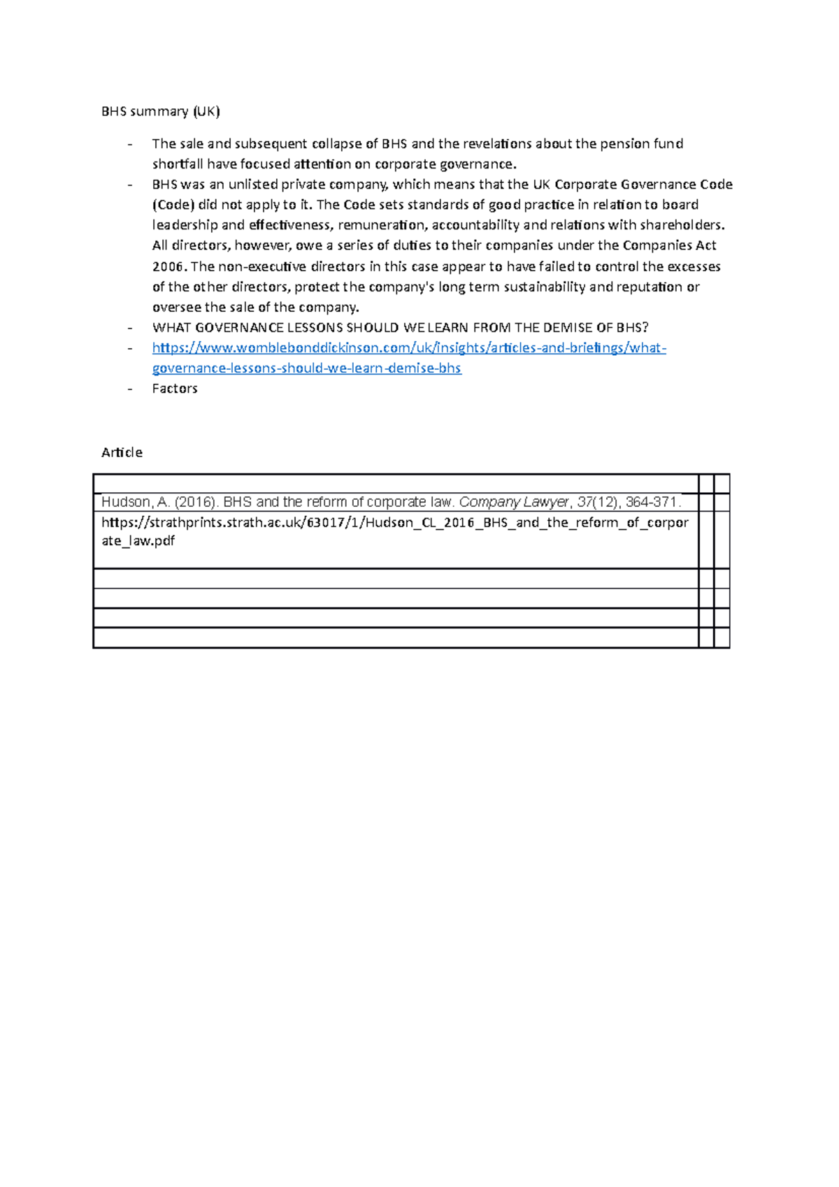 BHS - summary BHS - BHS summary (UK) The sale and subsequent collapse ...