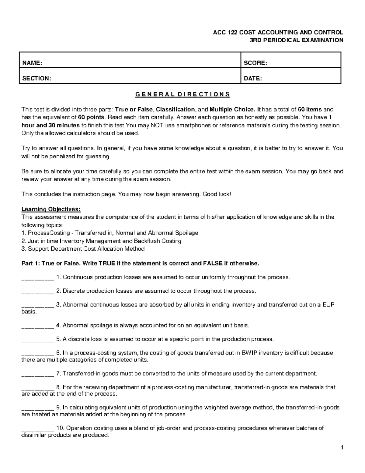 ACC 122 P3 EXAM - Cost Accounting and Control - ACC 122 COST ACCOUNTING ...