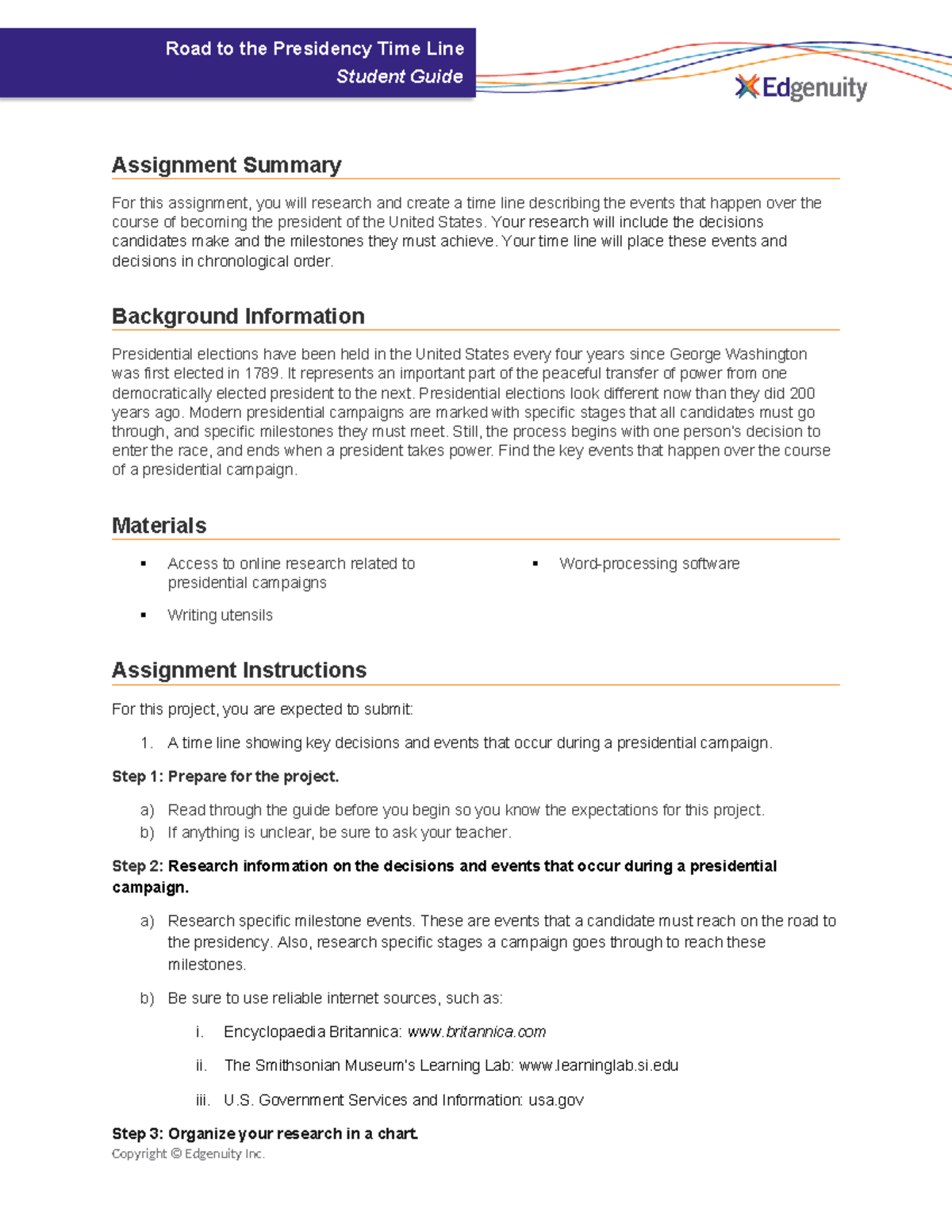 Project - Road to the Presidency Timeline - Student Guide - Road to the ...