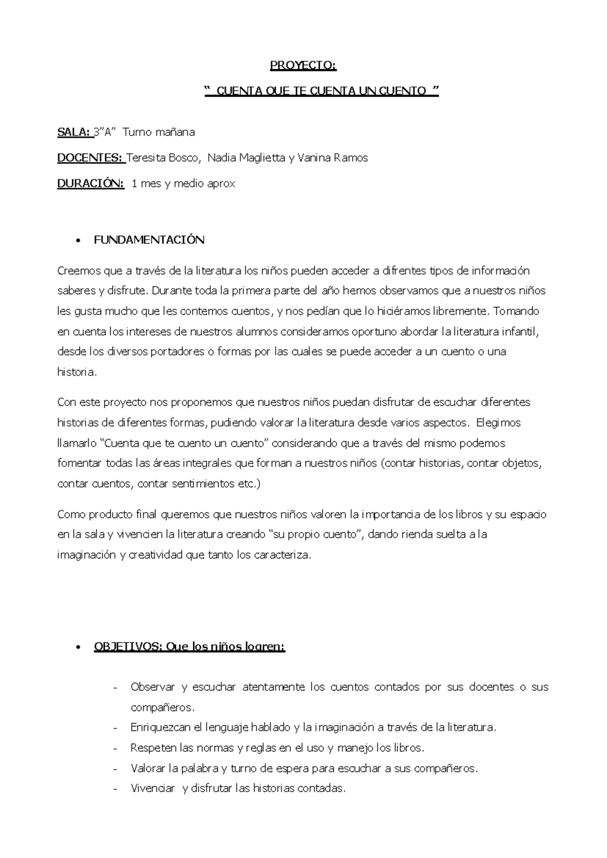 Proyecto - Cuenta QUE TE Cuento UN Cuento - SALA 3A TM - PROYECTO ...