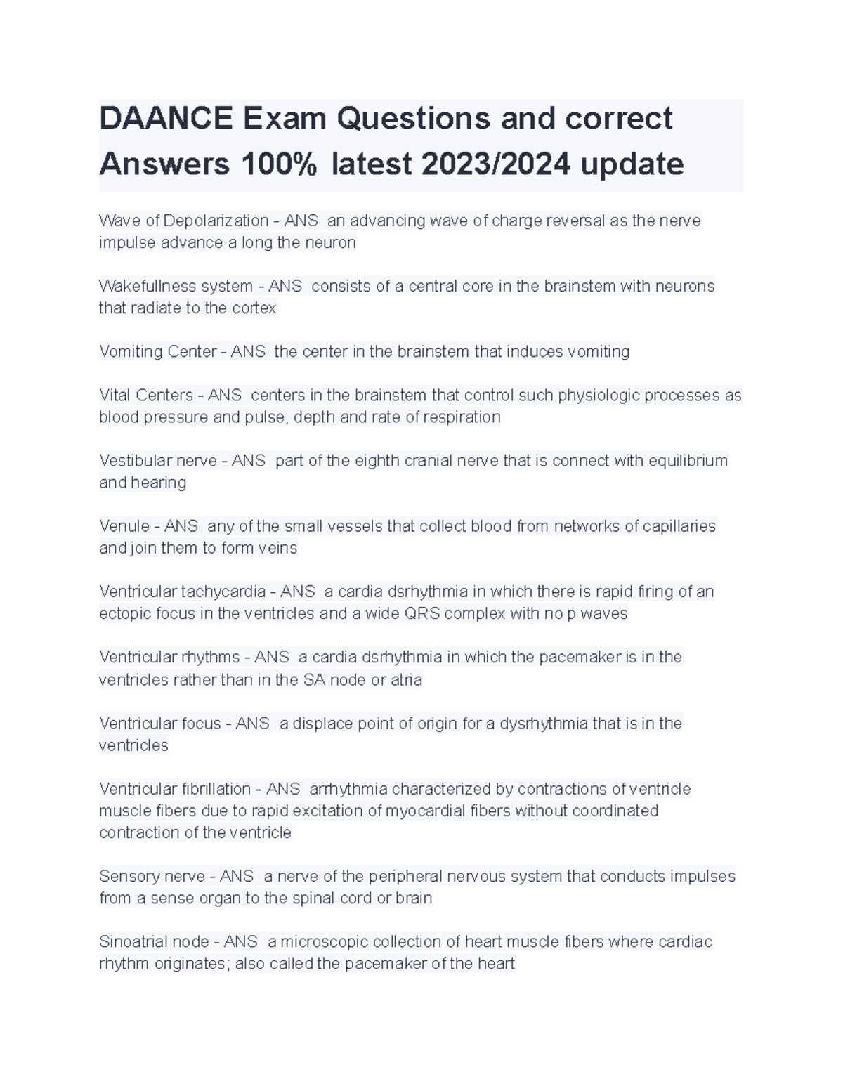 Daance EXAM Questions AND Answers Latest 2023 2024 - DAANCE Exam ...