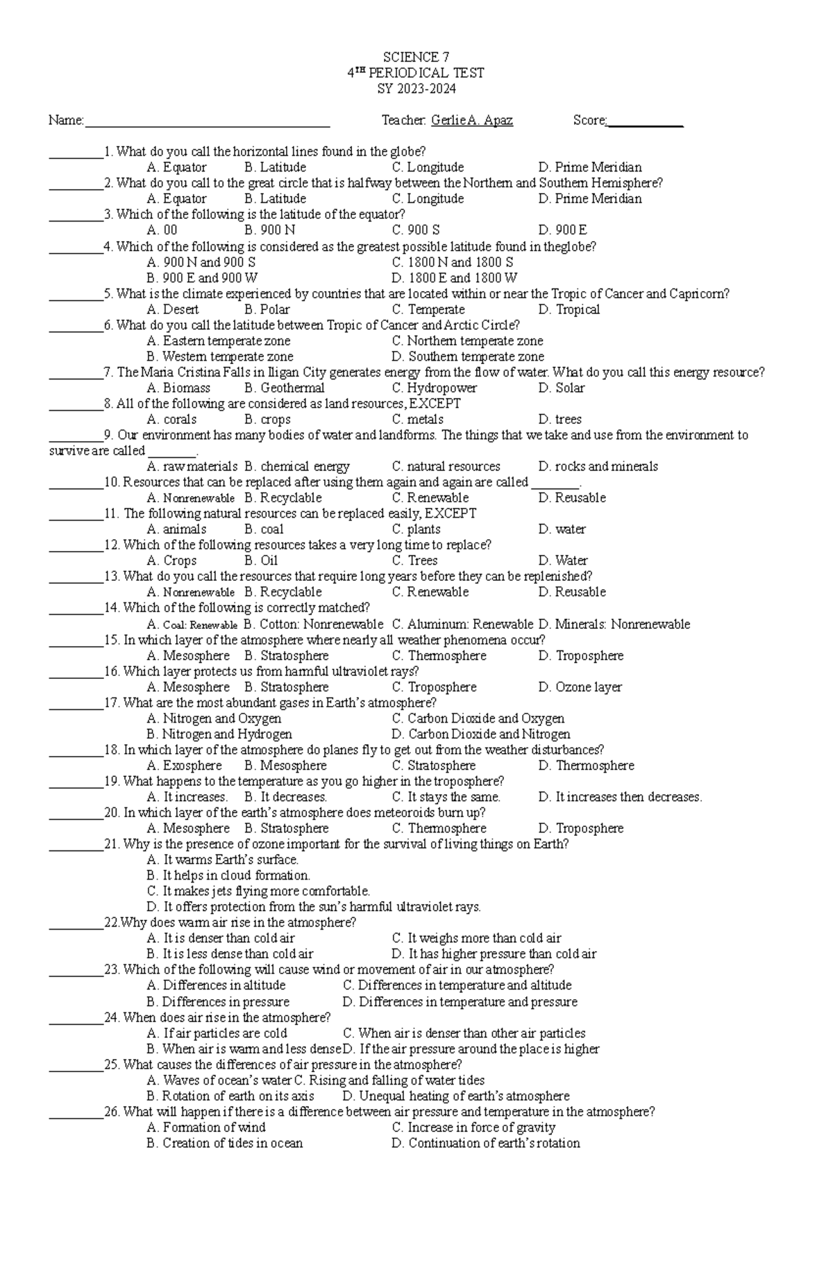 G7 Science 4th Quarter Exam - SCIENCE 7 4 TH PERIODICAL TEST SY 2023 ...