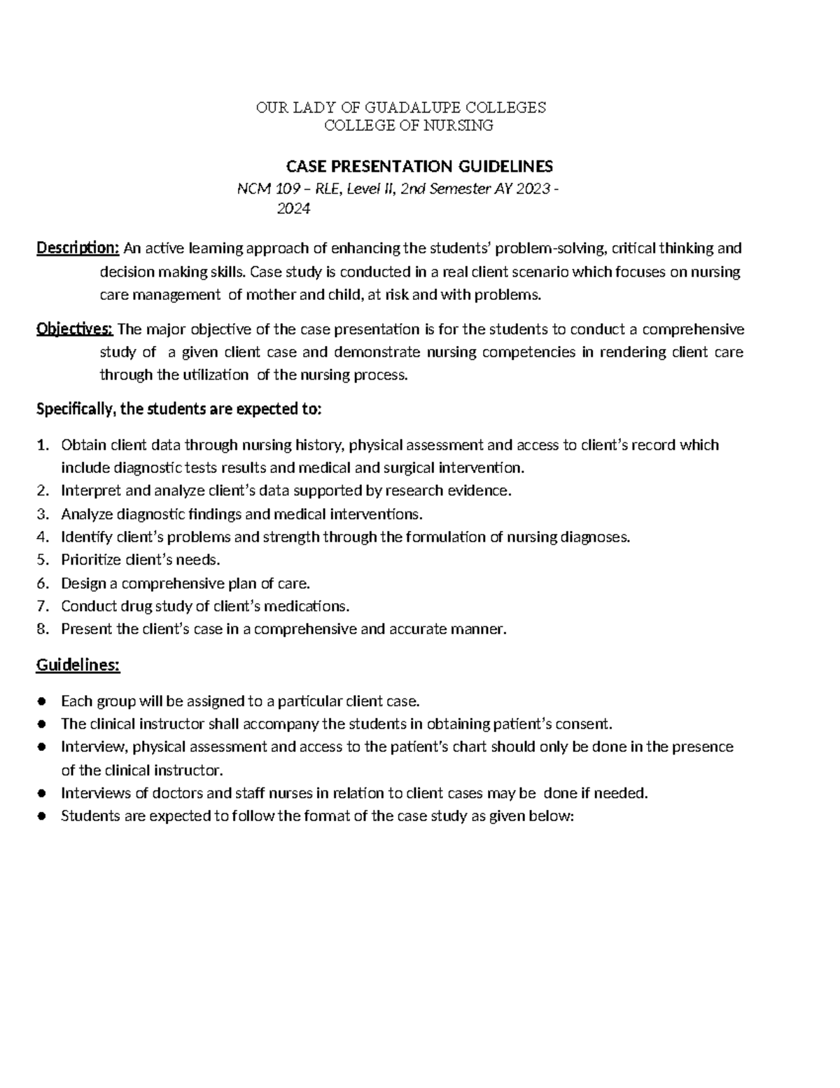 Case pres guidelines - OUR LADY OF GUADALUPE COLLEGES COLLEGE OF ...