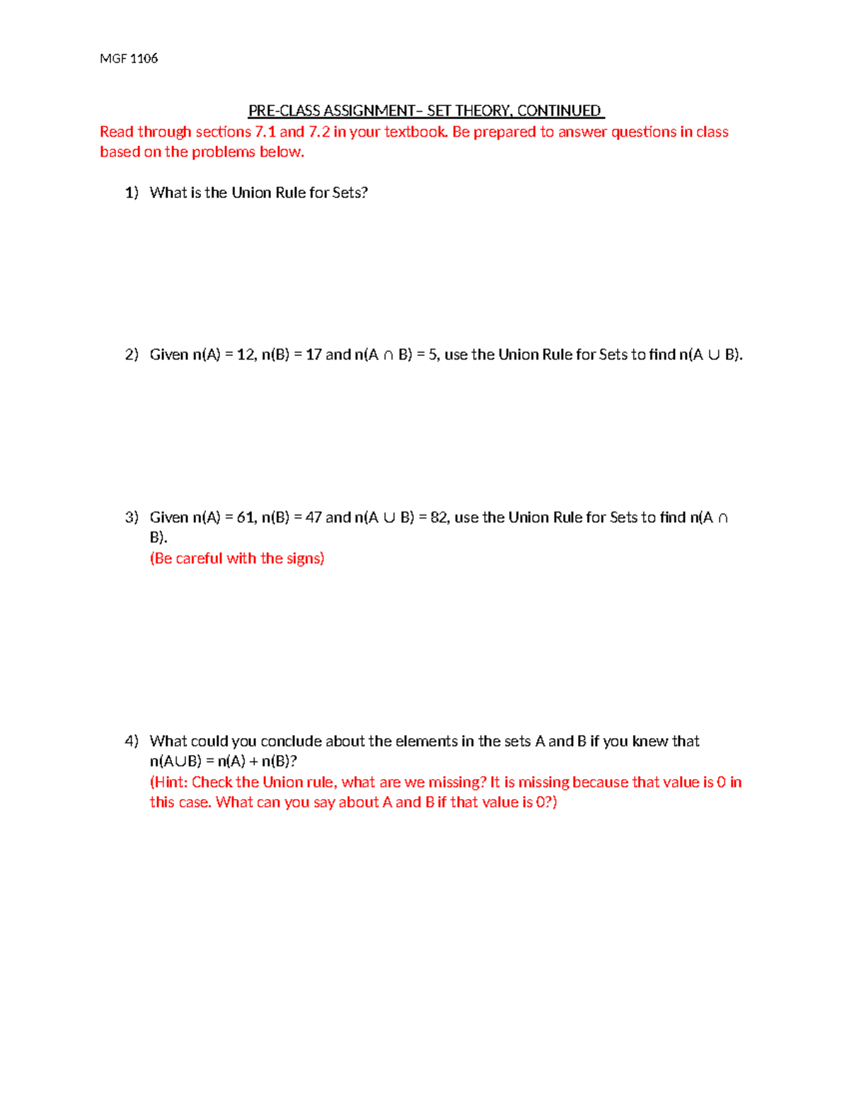 Pre-Class Week 2 (Union Rule of Sets) Fall 2022 - Tagged - MGF 1106 PRE-CLASS ASSIGNMENT– SET ...