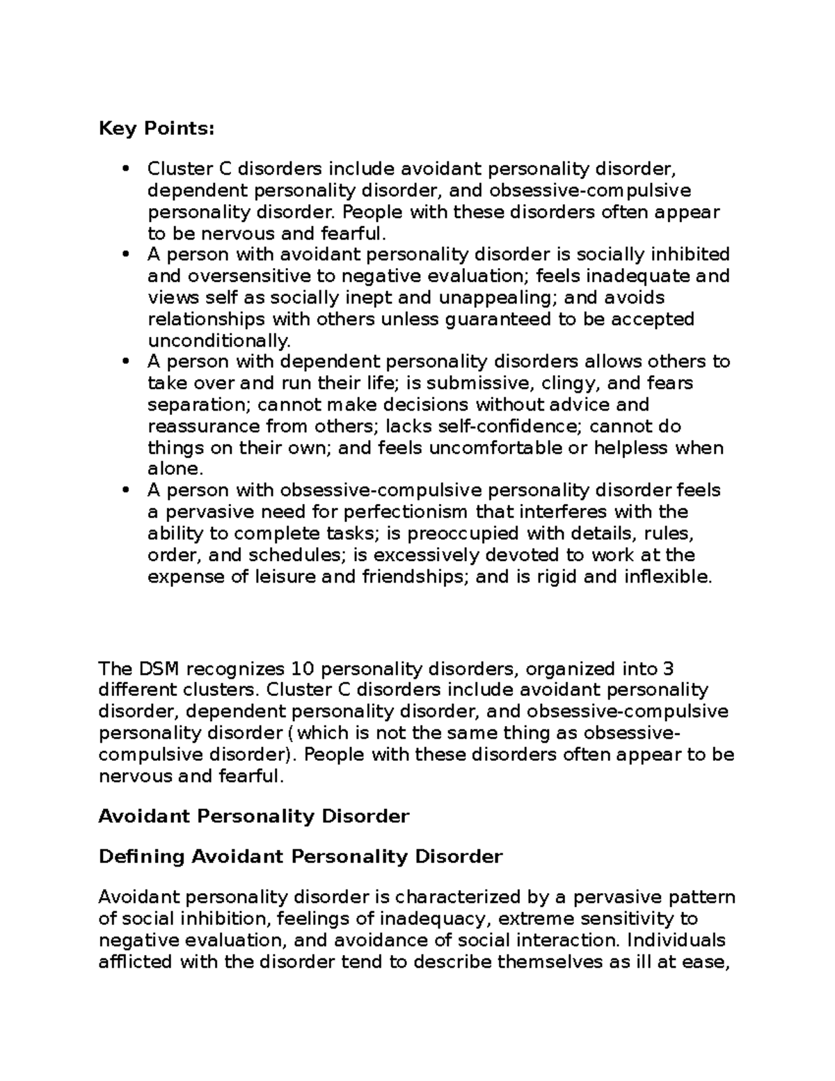 Cluster c, avoidant, dependent, and OCD personality disorders - Key ...