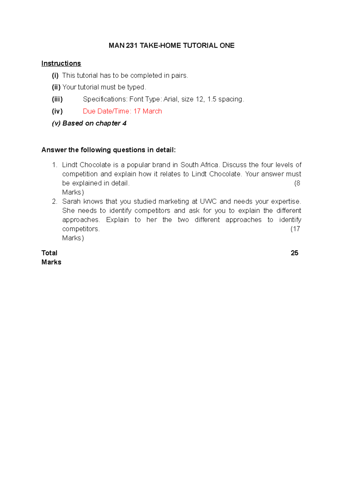 MAN 231 Take Home Tutorial 1 questions - MAN 231 TAKE-HOME TUTORIAL ONE ...
