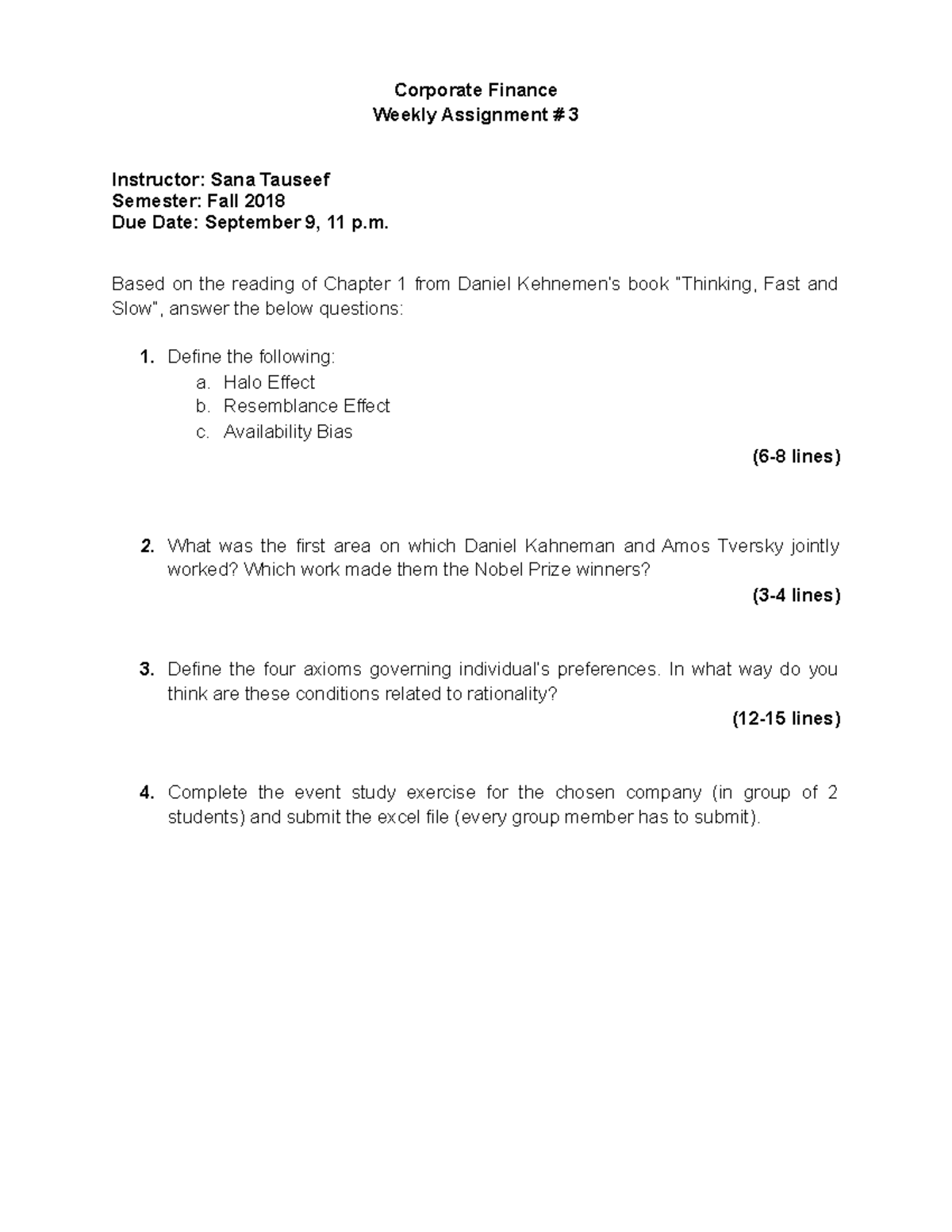 Examen 3 Abril 2015, preguntas y respuestas - Corporate Finance Weekly Assignment # 3 Instructor ...