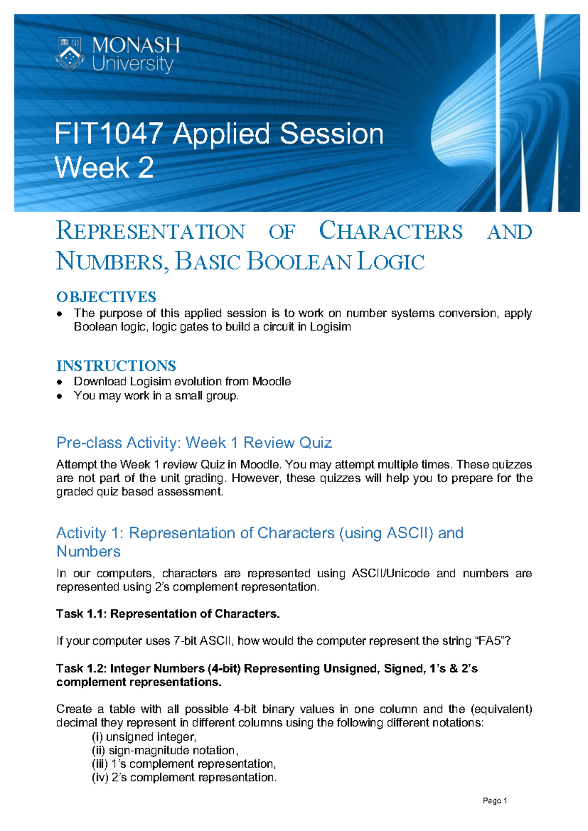 FIT1047 Applied Session Week 02 - +- REPRESENTATION OF CHARACTERS AND NUMBERS, BASIC BOOLEAN ...