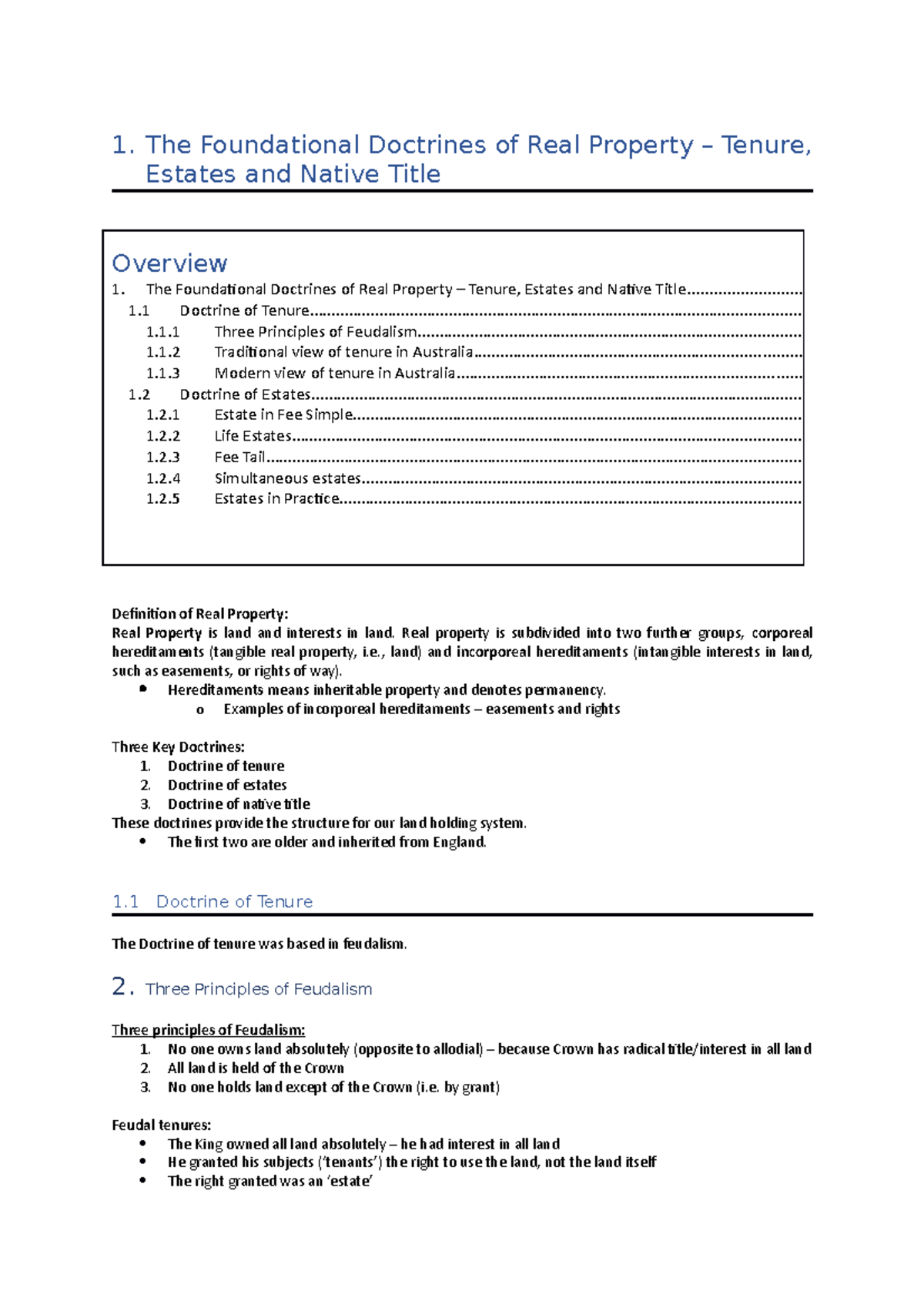 Week 1 Notes - Tenure, Estates and Native Title - 1. The Foundational ...