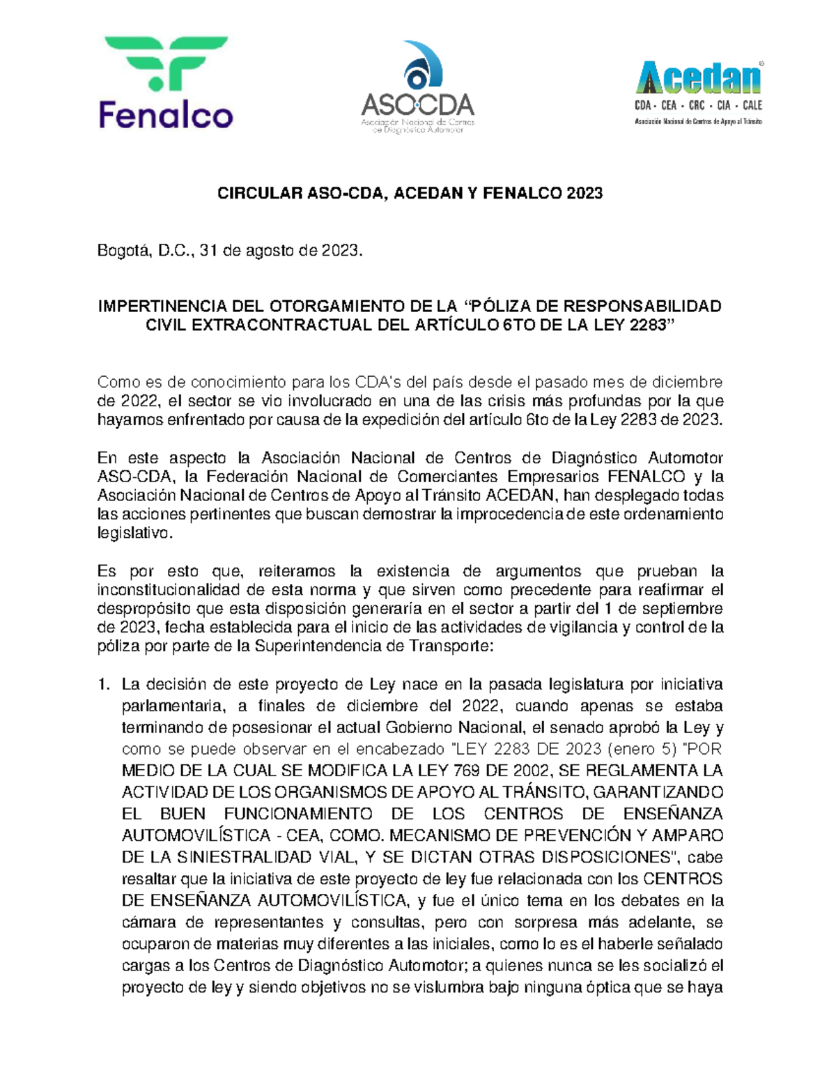 Circular ASO-CDA, Acedan Y Fenalco 31 DE Agosto 2023 - CIRCULAR ASO-CDA ...