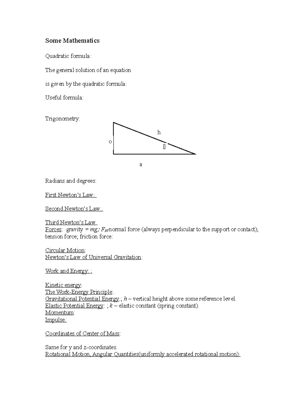 Equation 2 f18 - Formulas for second exam - Some Mathematics Quadratic ...