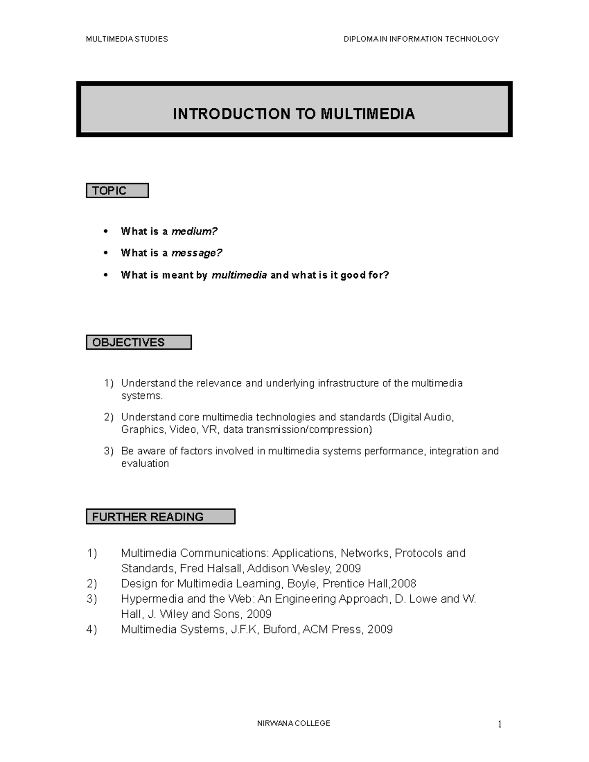 Notes - Chapter 1- Introduction TO Multimedia - MULTIMEDIA STUDIES ...