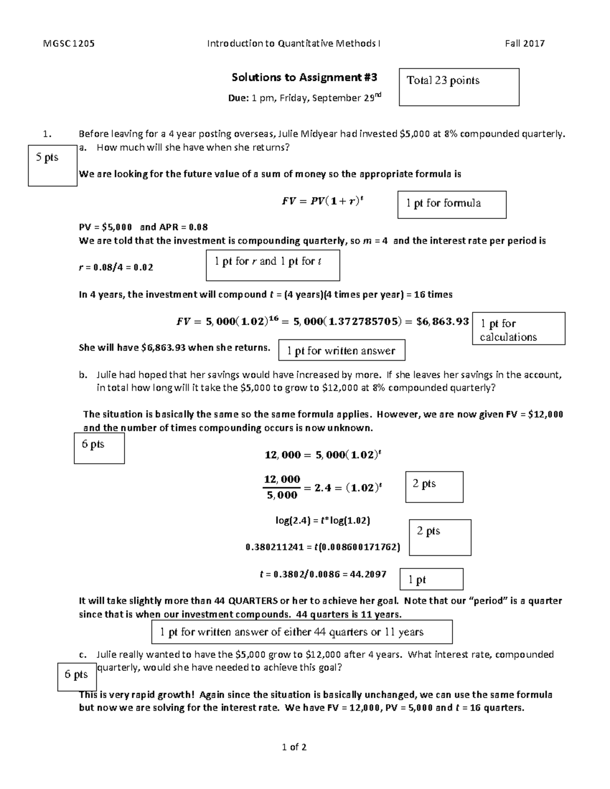 Assignment 3 Solutions MGSC1205 fall 2017 - MGSC 1205 Introduction to Quantitative Methods I ...