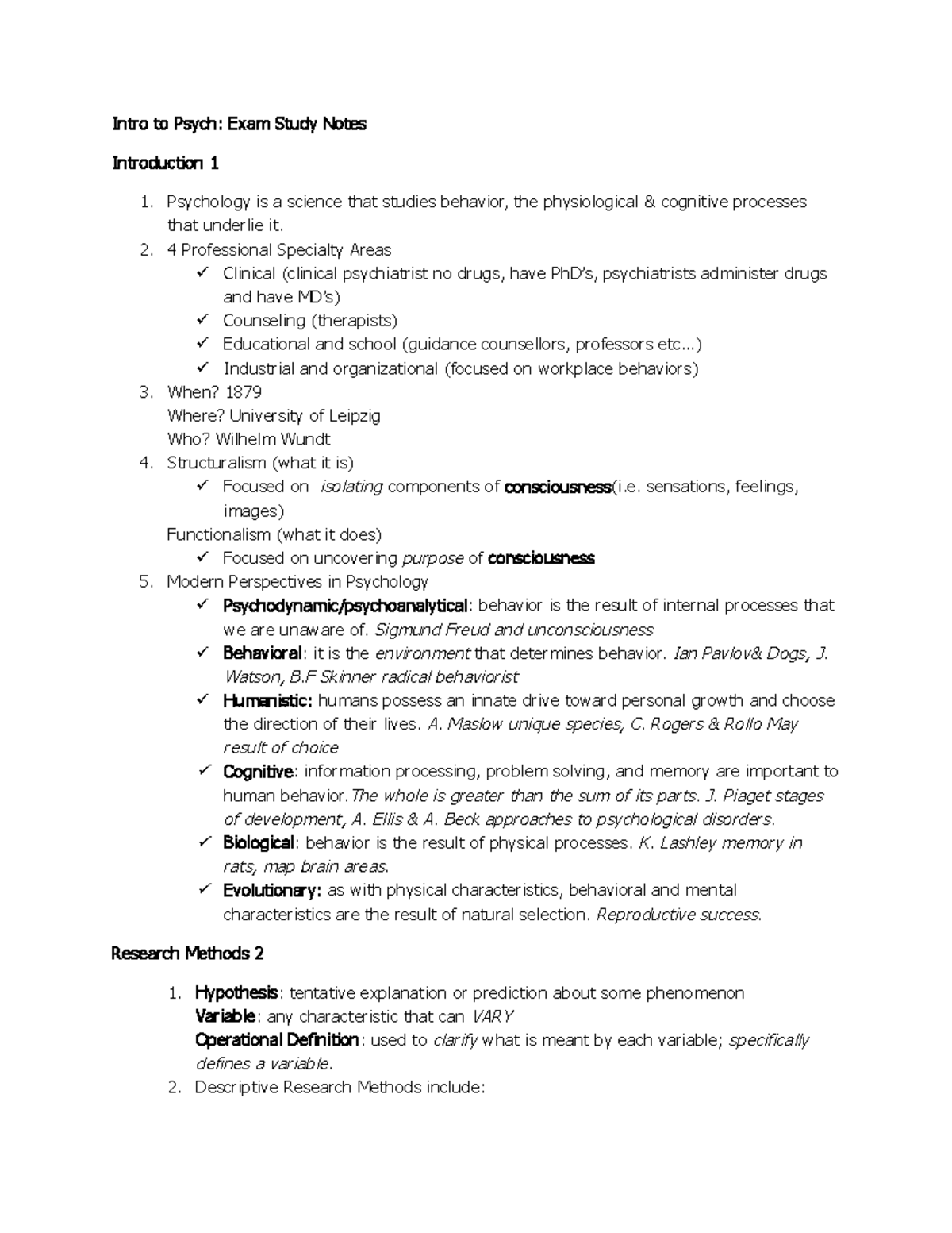 Intro to Psych Study Notes - Intro to Psych: Exam Study Notes ...