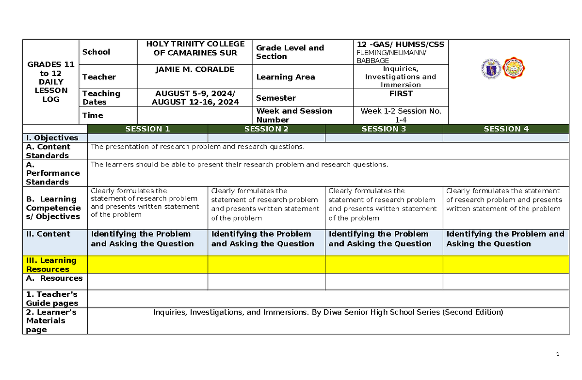 DLL - 3Is WEEK 1 & 2- Coralde - GRADES 11 to 12 DAILY LESSON LOG School ...