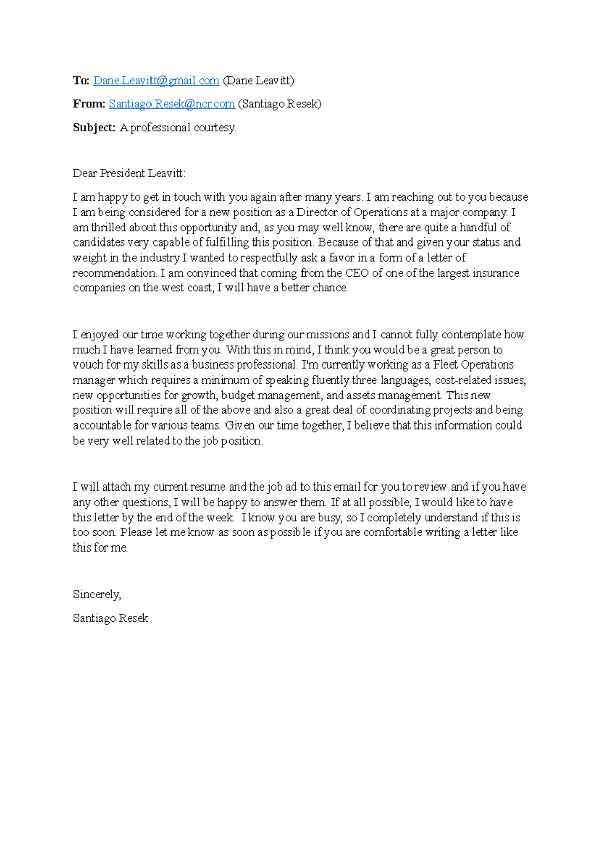 W02 Draft Recommendation Request - To: Dane@gmail (Dane Leavitt) From ...