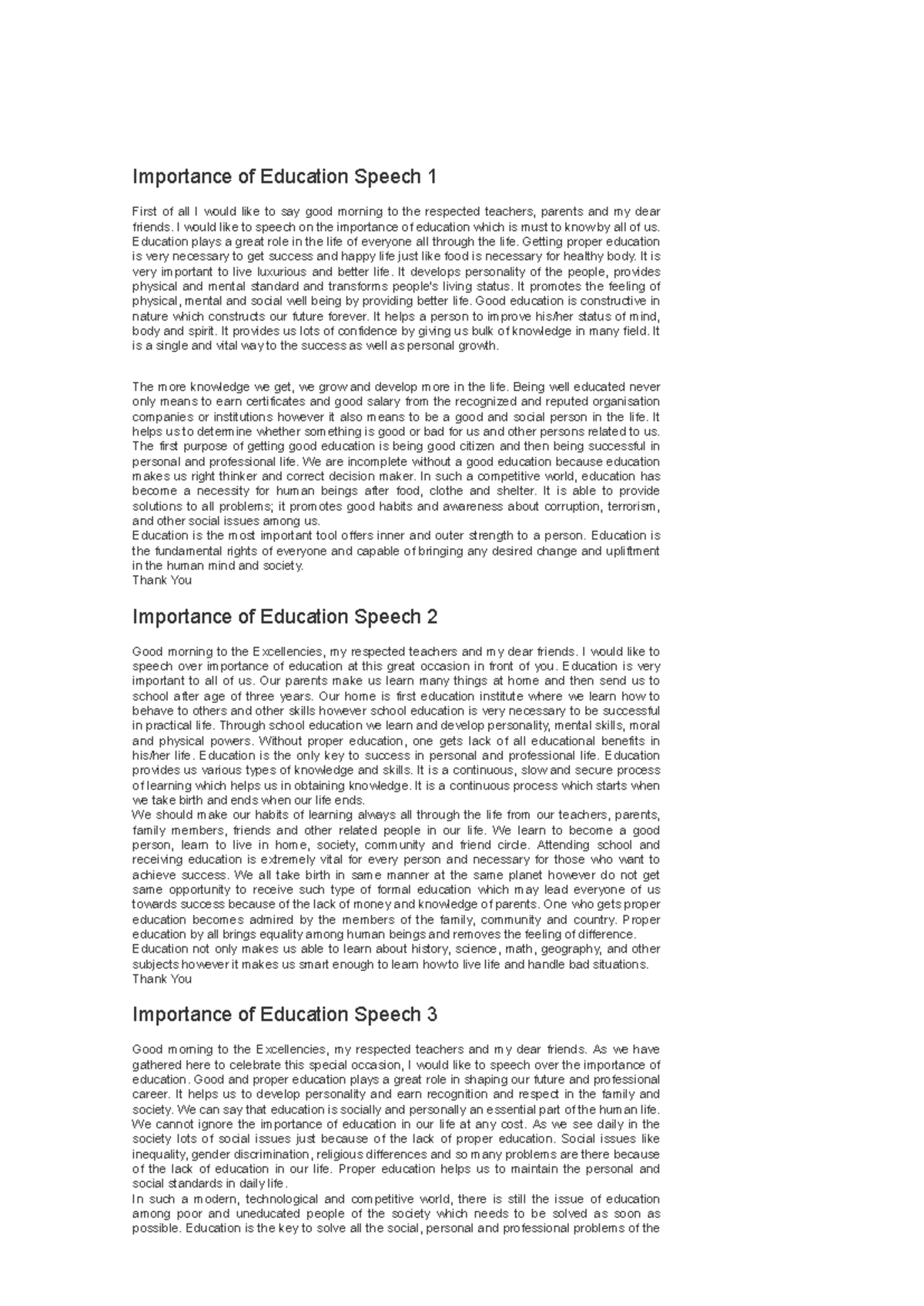 speech public speaking - Importance of Education Speech 1 First of all ...