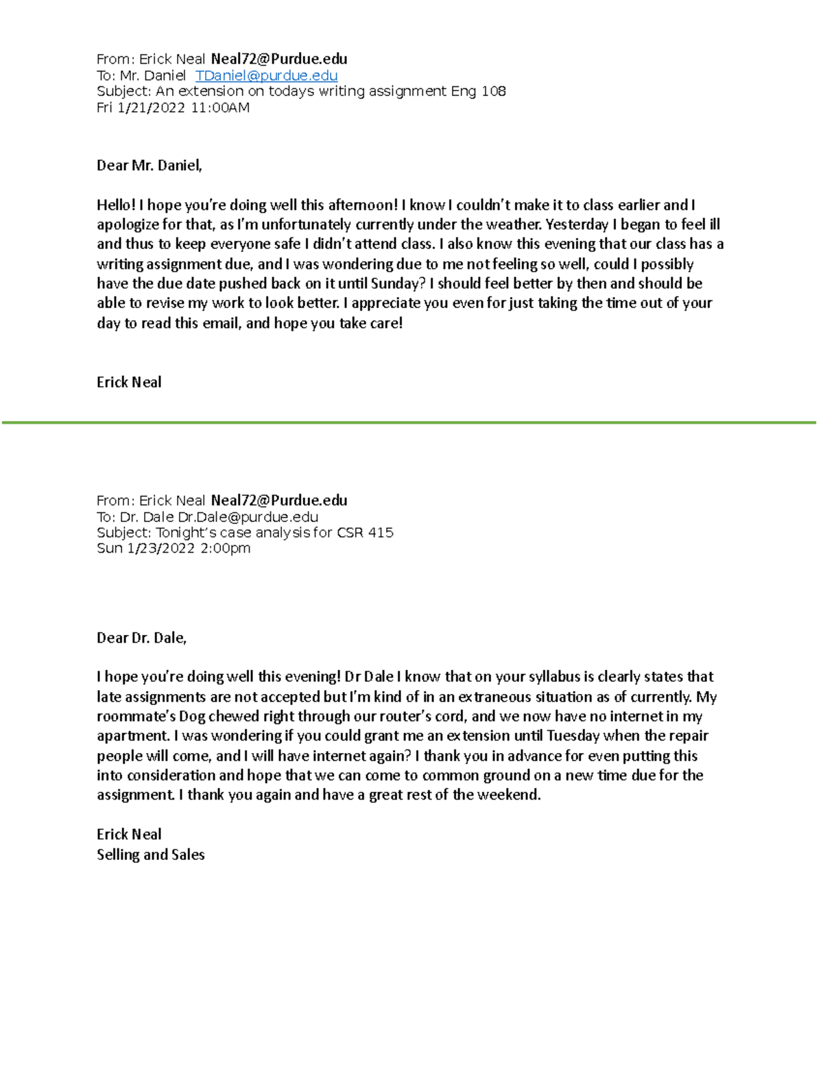 Email assignment - paper - From: Erick Neal Neal72@Purdue To: Mr ...