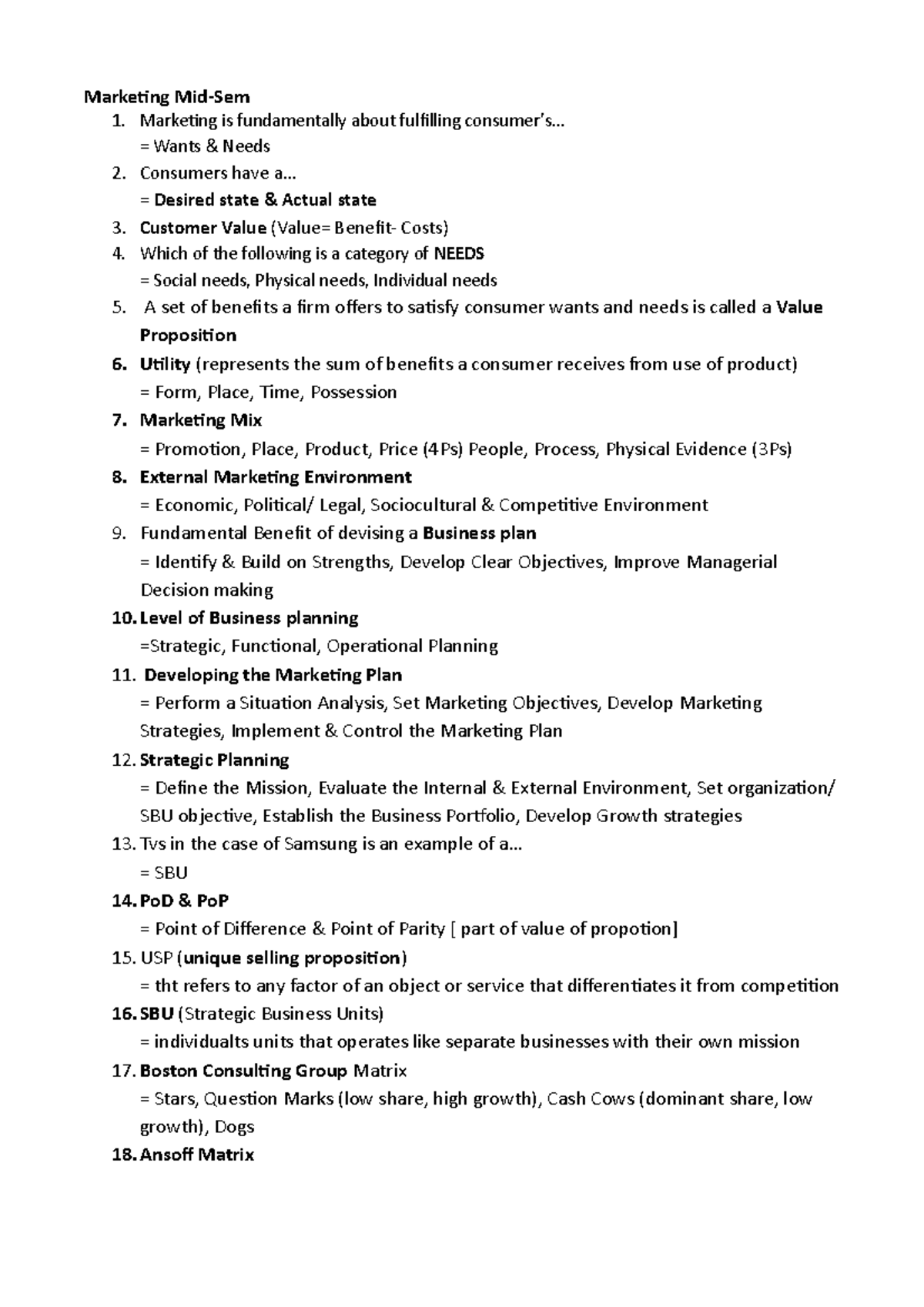 Marketing Mid Sem - Marketing Mid-Sem 1. Marketing is fundamentally ...