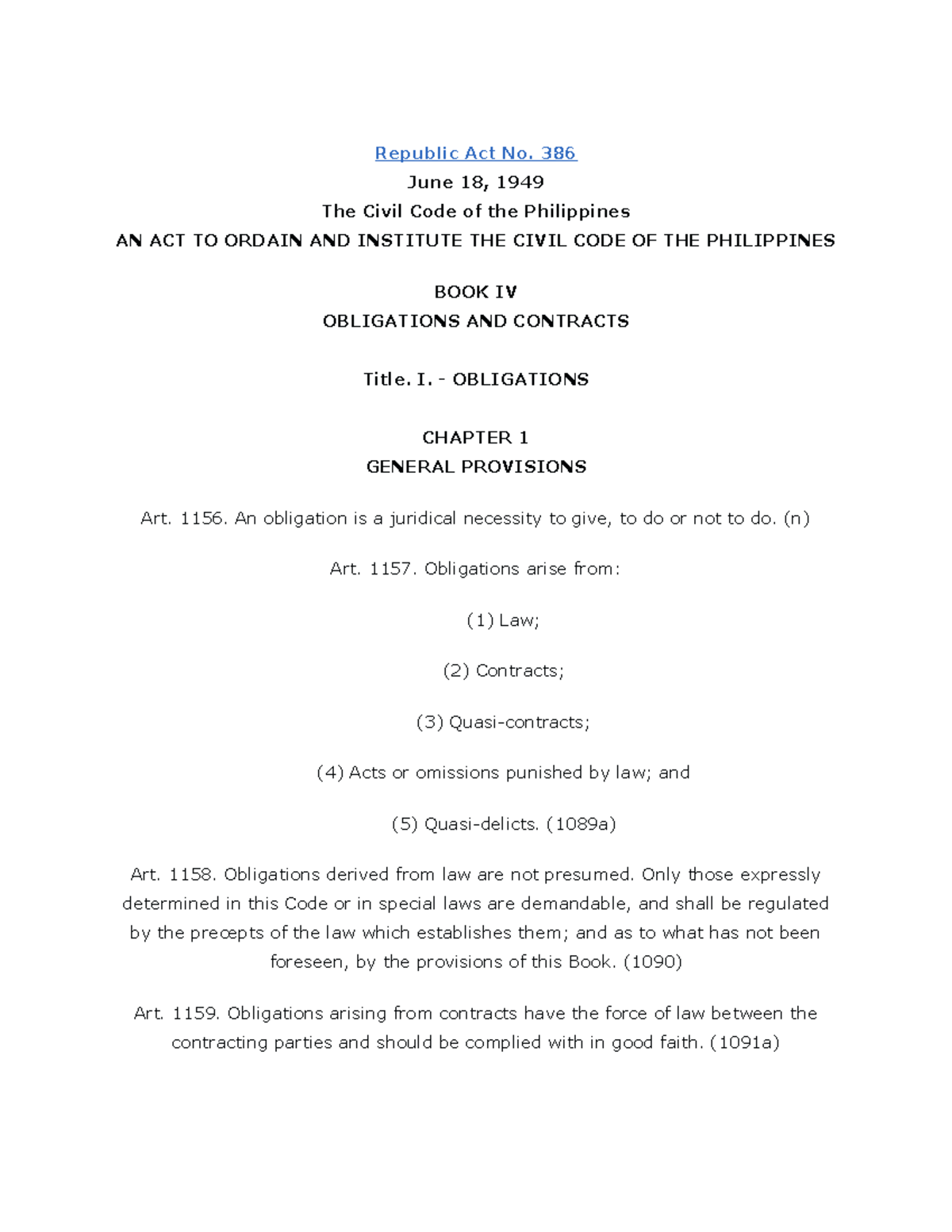 Codal Provisions Obligations and Contracts - Republic Act No. 386 June ...