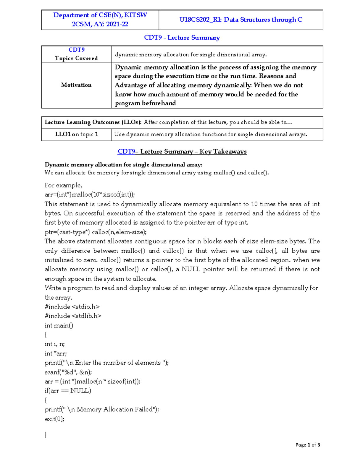 Ds Cdt9 Summary Dynamic Memory Allocation For Single Dimensional Array Department Of Csen 