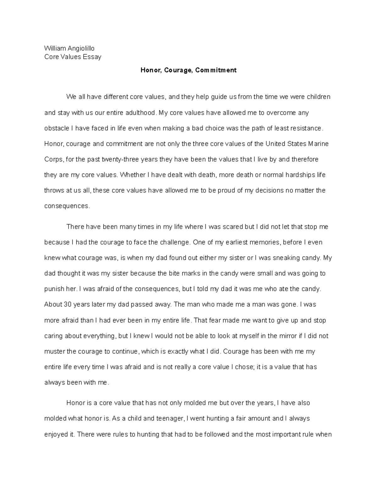 Core Values Essay - title says it all - William Angiolillo Core Values ...