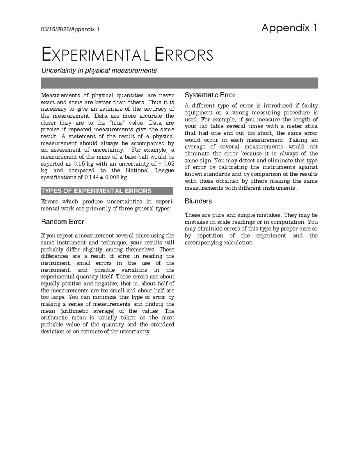 Appendix 1 Error - 05 /16/2020/Appendix 1 Appendix 1 EXPERIMENTAL ERRORS Uncertainty in physical ...