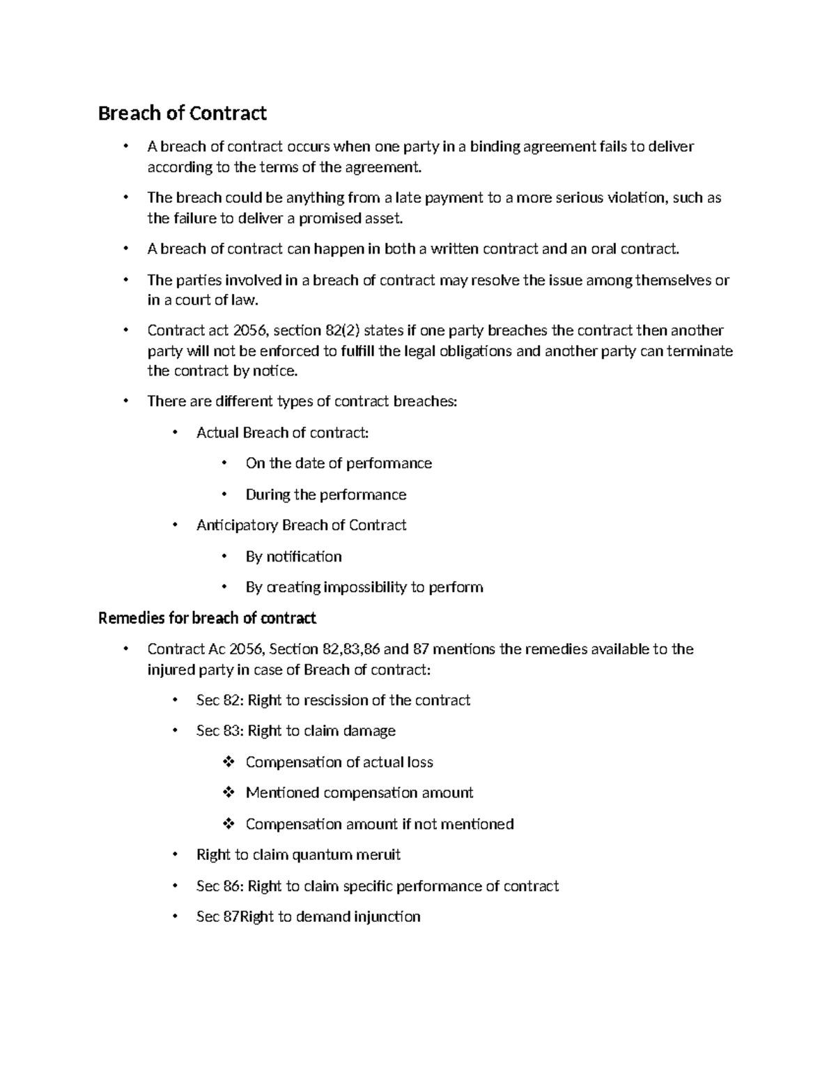 Remedies for the breach of contract - Breach of Contract • A breach of ...