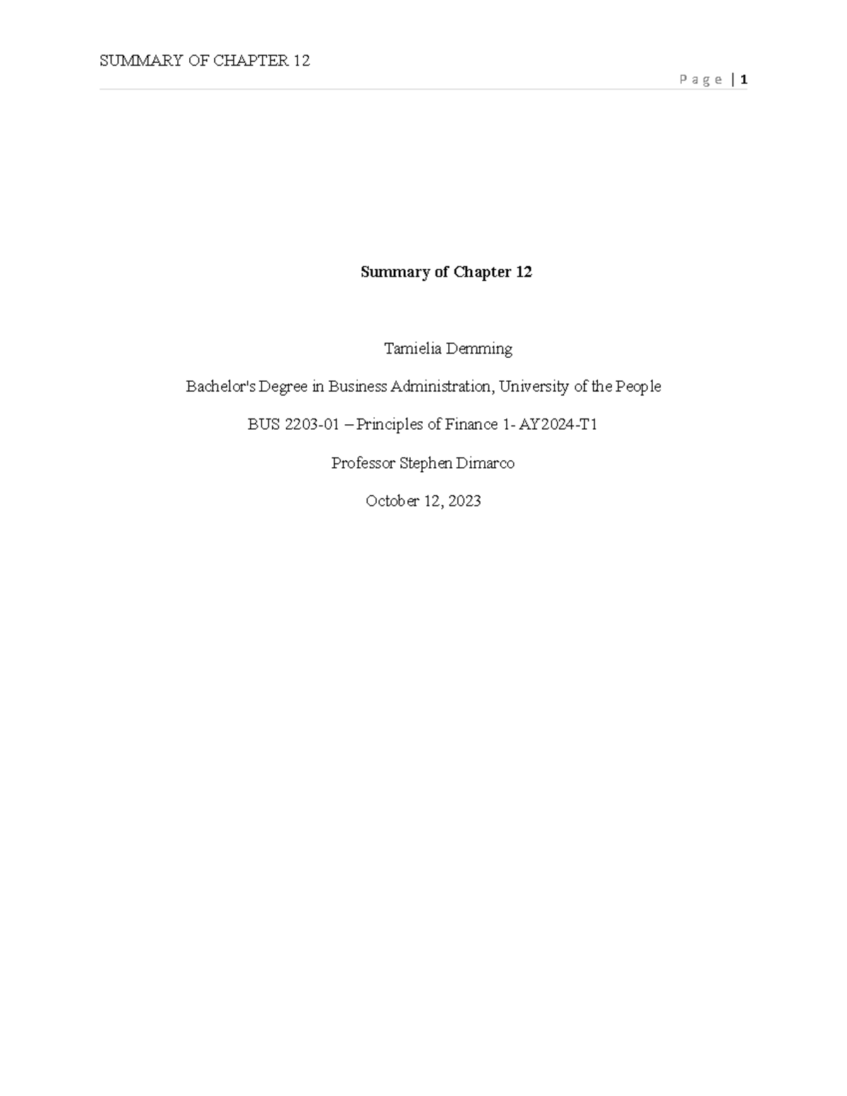 Learning Journal 5 - Summary of Chapter 12 - SUMMARY OF CHAPTER 12 P a ...