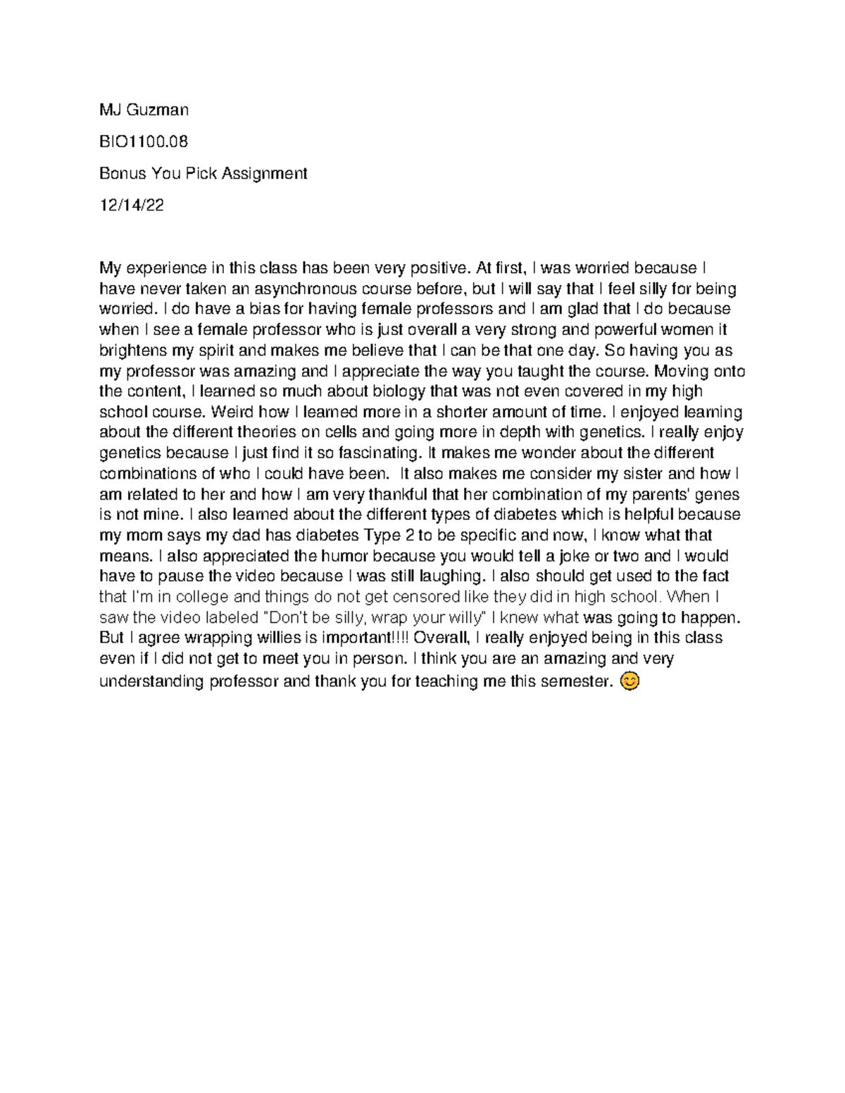 Bonus You Pick Assignment - MJ Guzman BIO1100. Bonus You Pick ...
