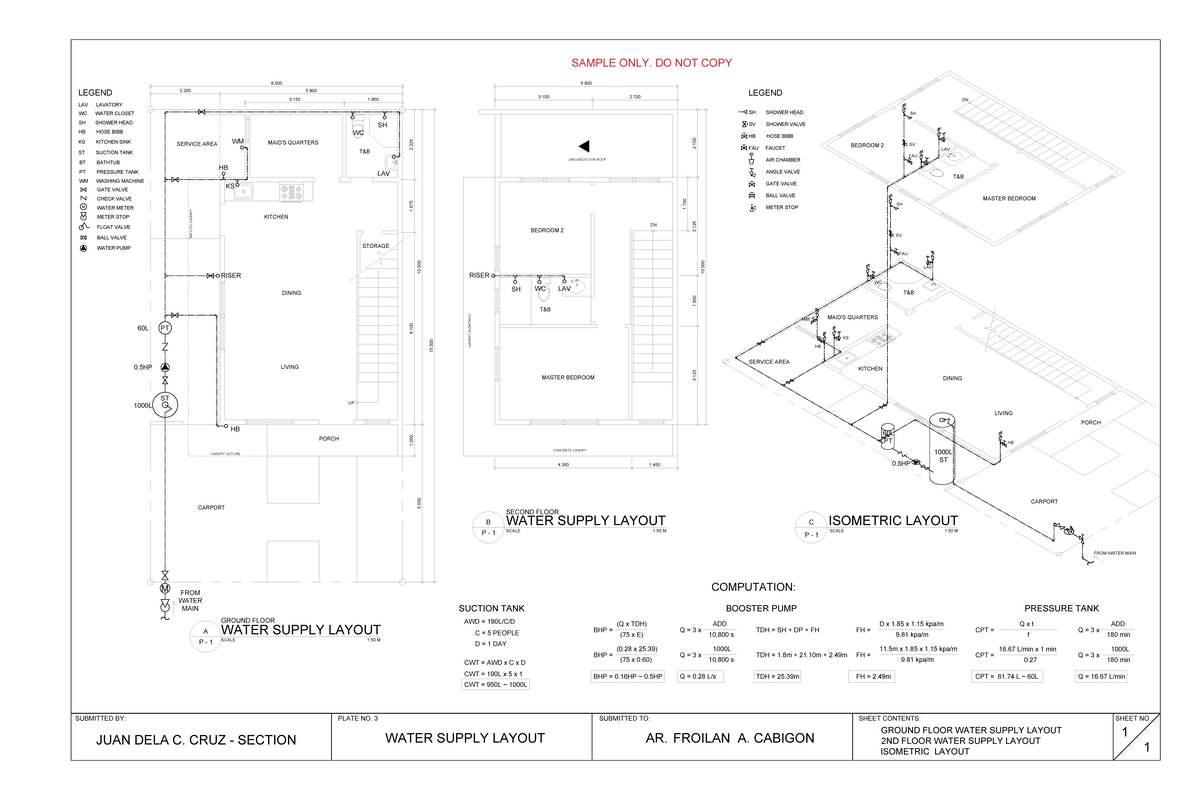 Plate 3 Water Supply Layout Sample - LIVING DINING SERVICE AREA MAID'S ...