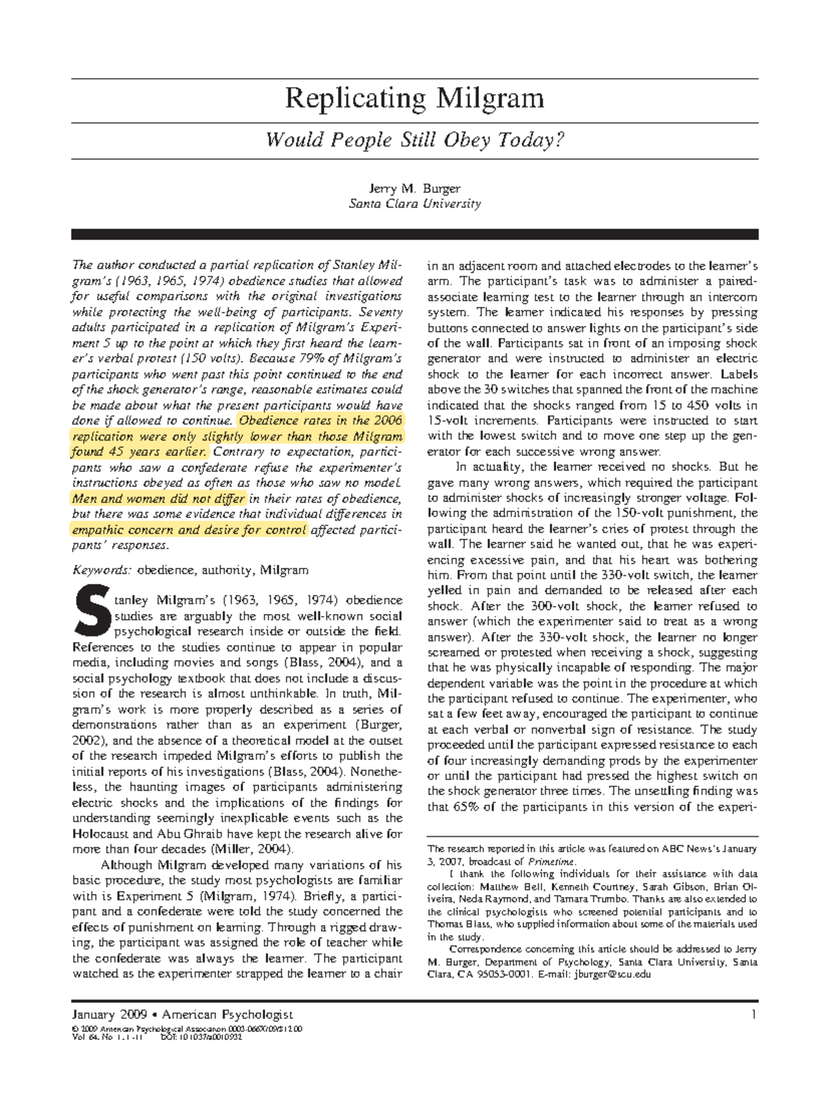 Burger 2009 - ... - Replicating Milgram Would People Still Obey Today ...