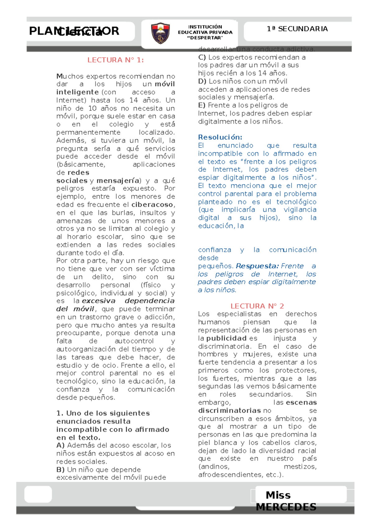 PLAN Lector ( CON Respuesta) - EDUCATIVA PRIVADA “DESPERTAR” Miss ...