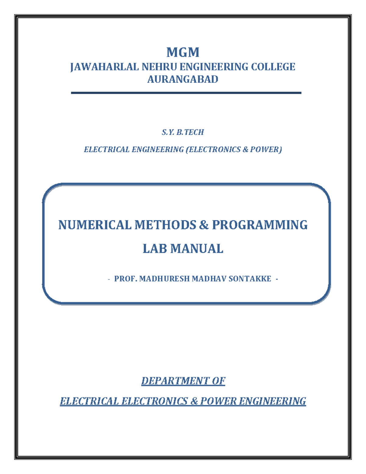 Numerical Method Lab manual (MATLAB) - MGM JAWAHARLAL NEHRU ENGINEERING ... Numerical Method Lab manual (MATLAB) - MGM JAWAHARLAL NEHRU ENGINEERING ...